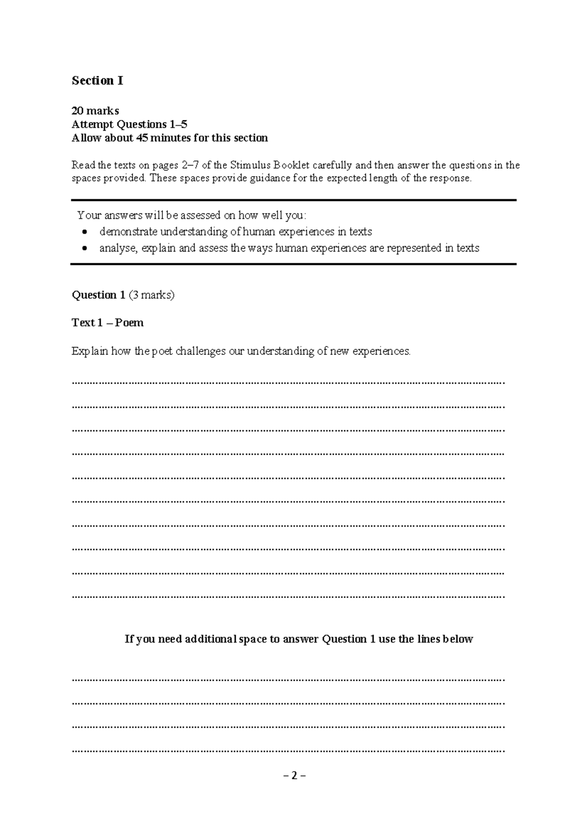 St George Girls 2022 English Trial Paper 1 - Section I 20 marks Attempt ...