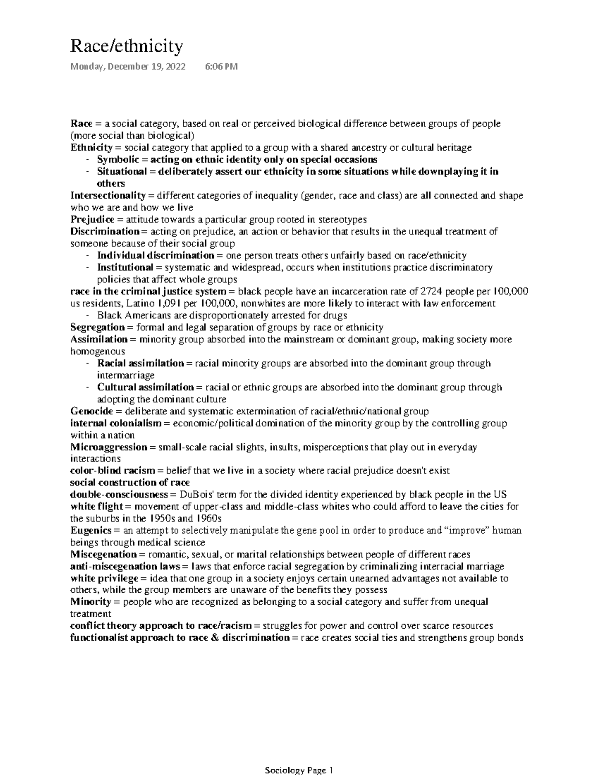 Sociology: race and ethnicity definitions - Race = a social category ...