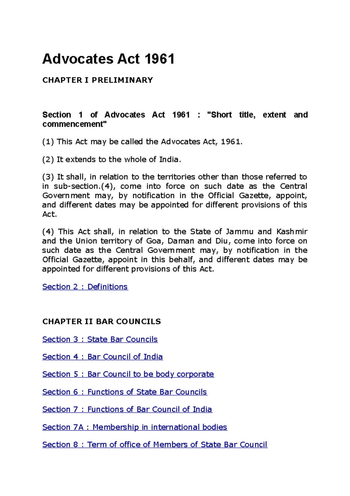 Advocates Act 1961 Advocates Act 1961 CHAPTER I PRELIMINARY Section 1