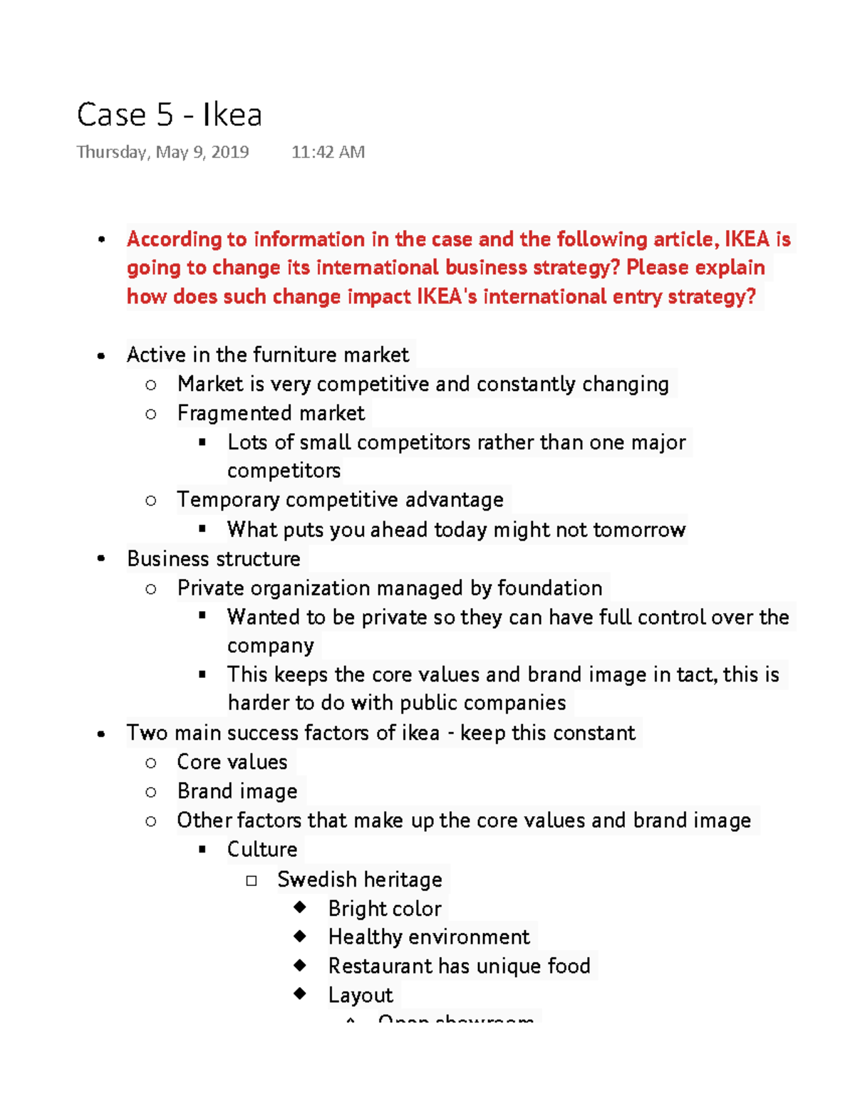 Case 5 - Ikea - Summary notes on a case study in the textbook - Case 5 ...