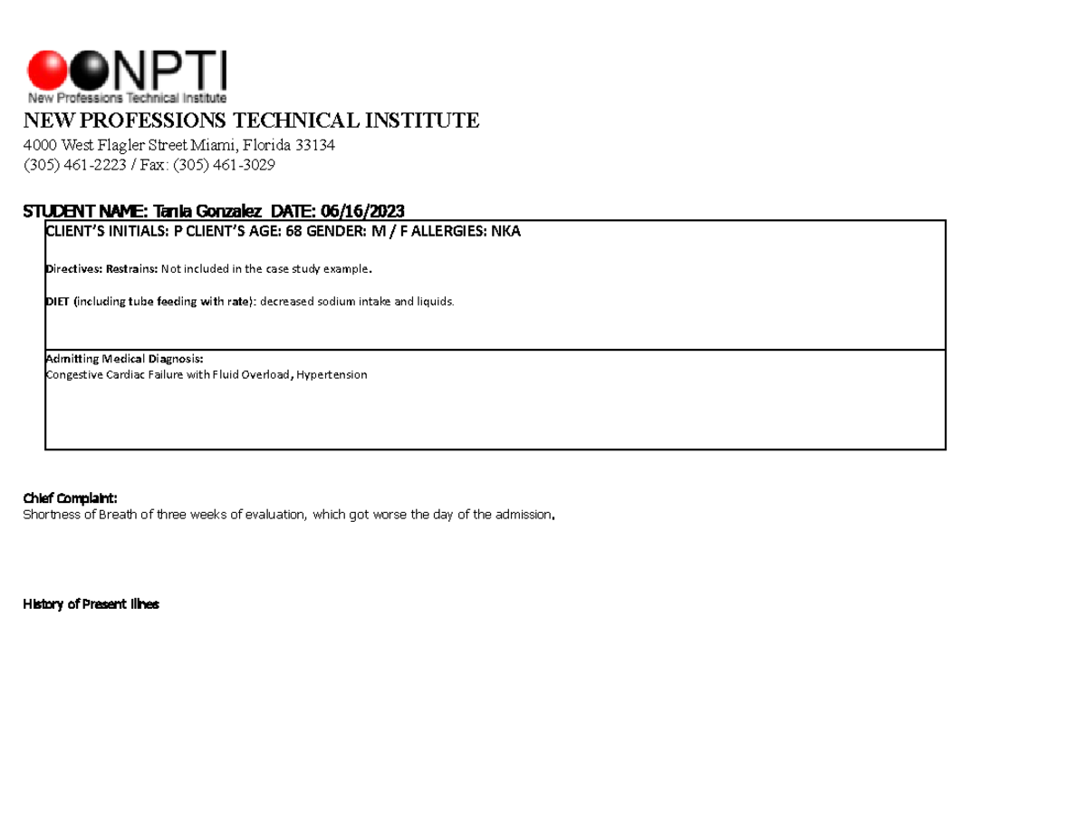 C P 1 - care plan - NEW PROFESSIONS TECHNICAL INSTITUTE 4000 West ...