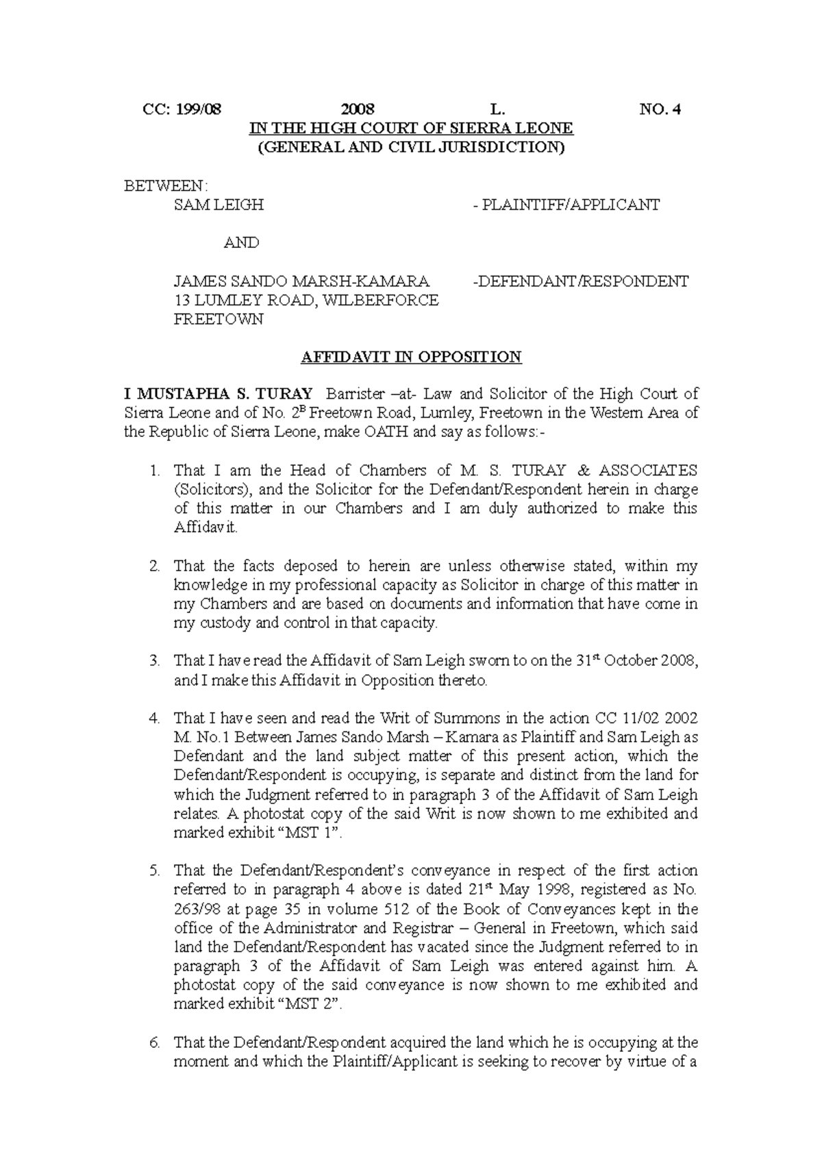 Affidavit IN Opposition JKWG - CC: 199/08 2008 L. NO. 4 IN THE HIGH ...