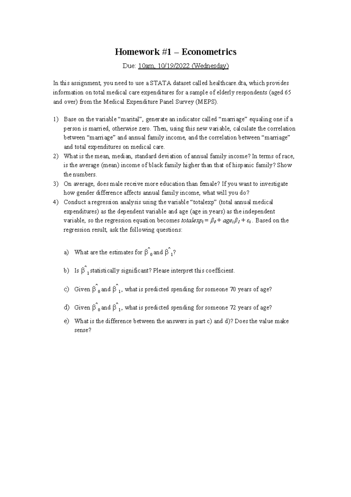 HW 1 - Stata Practice of Linear Model, using a data called healthcare.dta - Homework #1 3 - Studocu