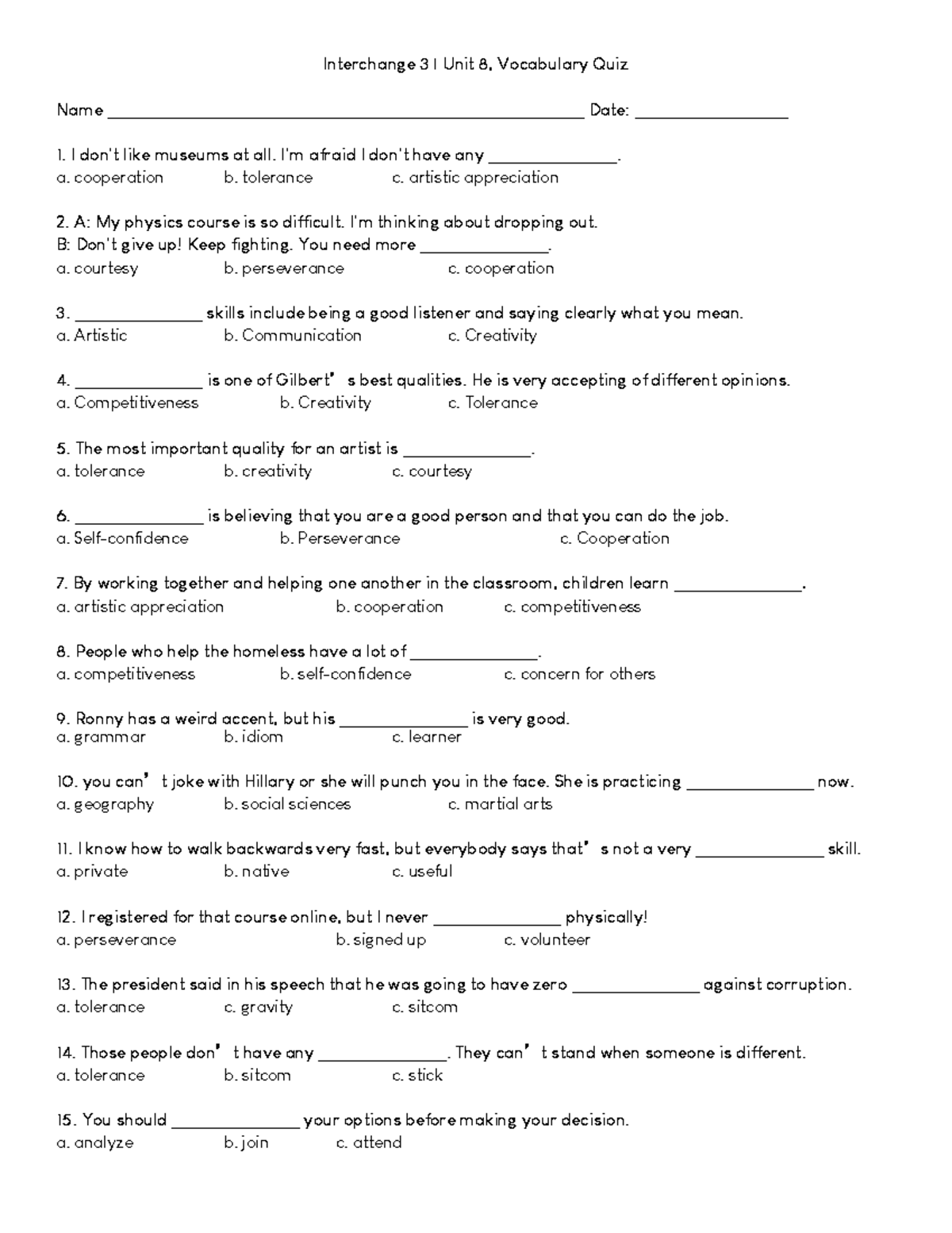 Unit 8 Vocabulary Quiz Int 3 - Interchange 3 | Unit 8, Vocabulary Quiz ...