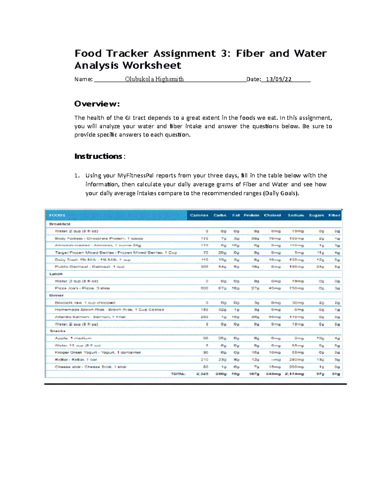 Assignment 3 nutrition - Food Tracker Assignment 3: Fiber and Water ...