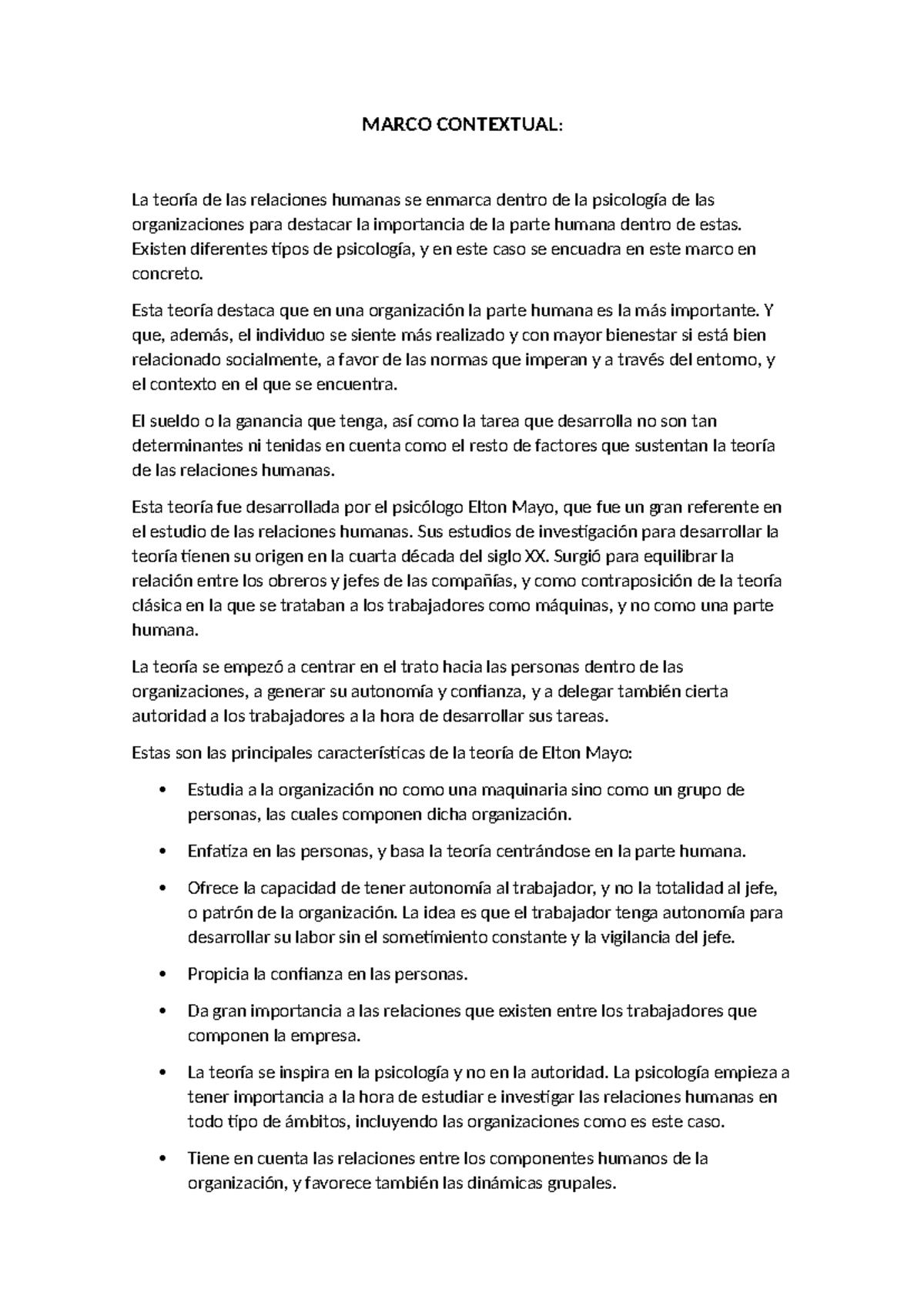 Marco Contextual Y Metodologia - MARCO CONTEXTUAL: La teoría de las relaciones humanas se ...