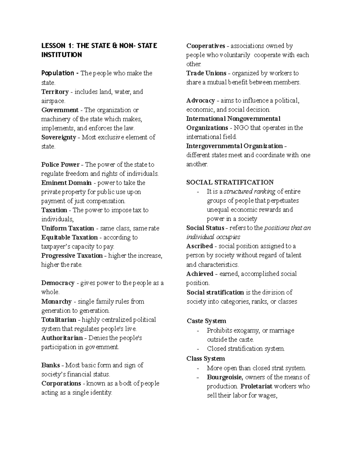 UCSP - Notes for UCSP - LESSON 1: THE STATE & NON- STATE INSTITUTION ...