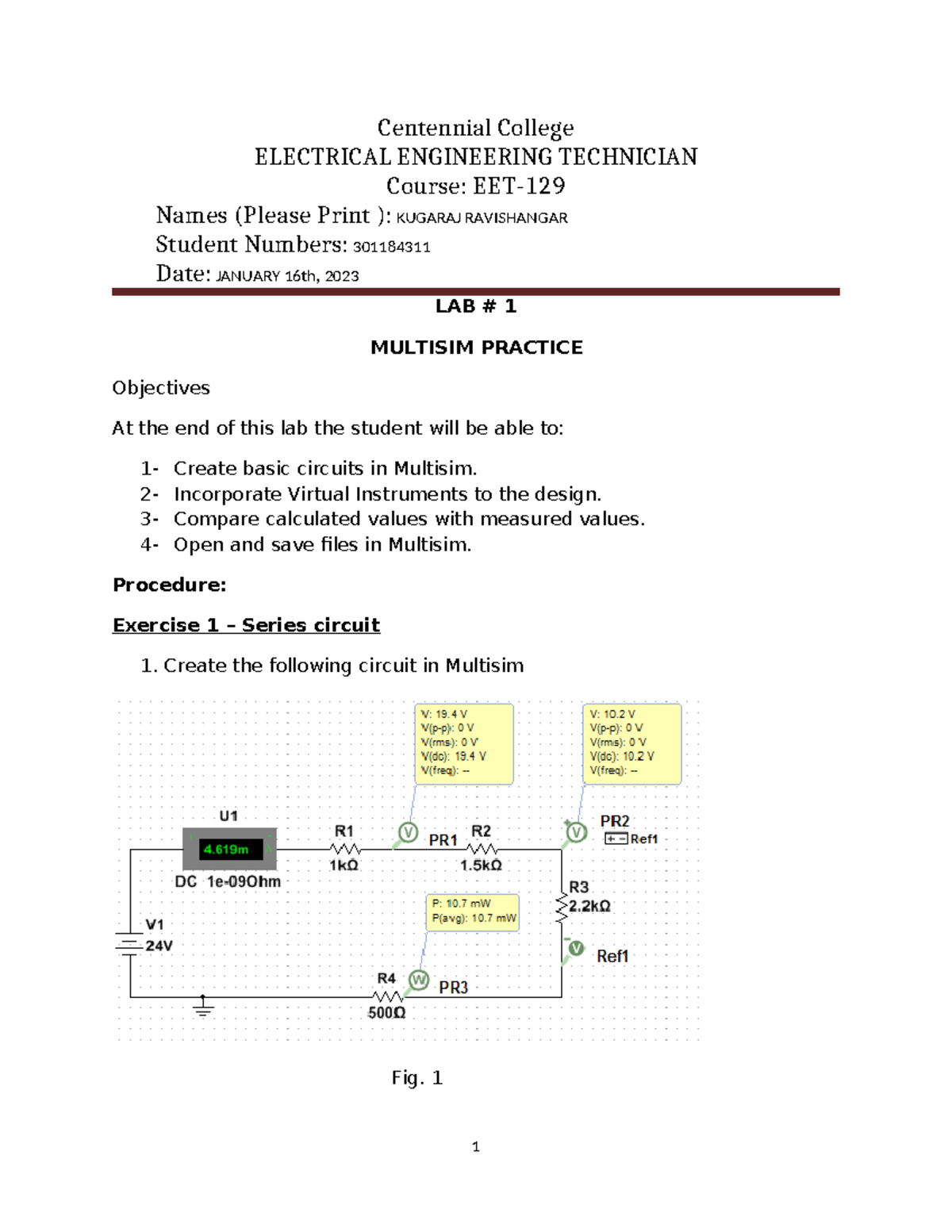 EET-129 LAB 1 Multisim Practice-Rev 2.1 COMP (1) - Centennial College ELECTRICAL ENGINEERING ...