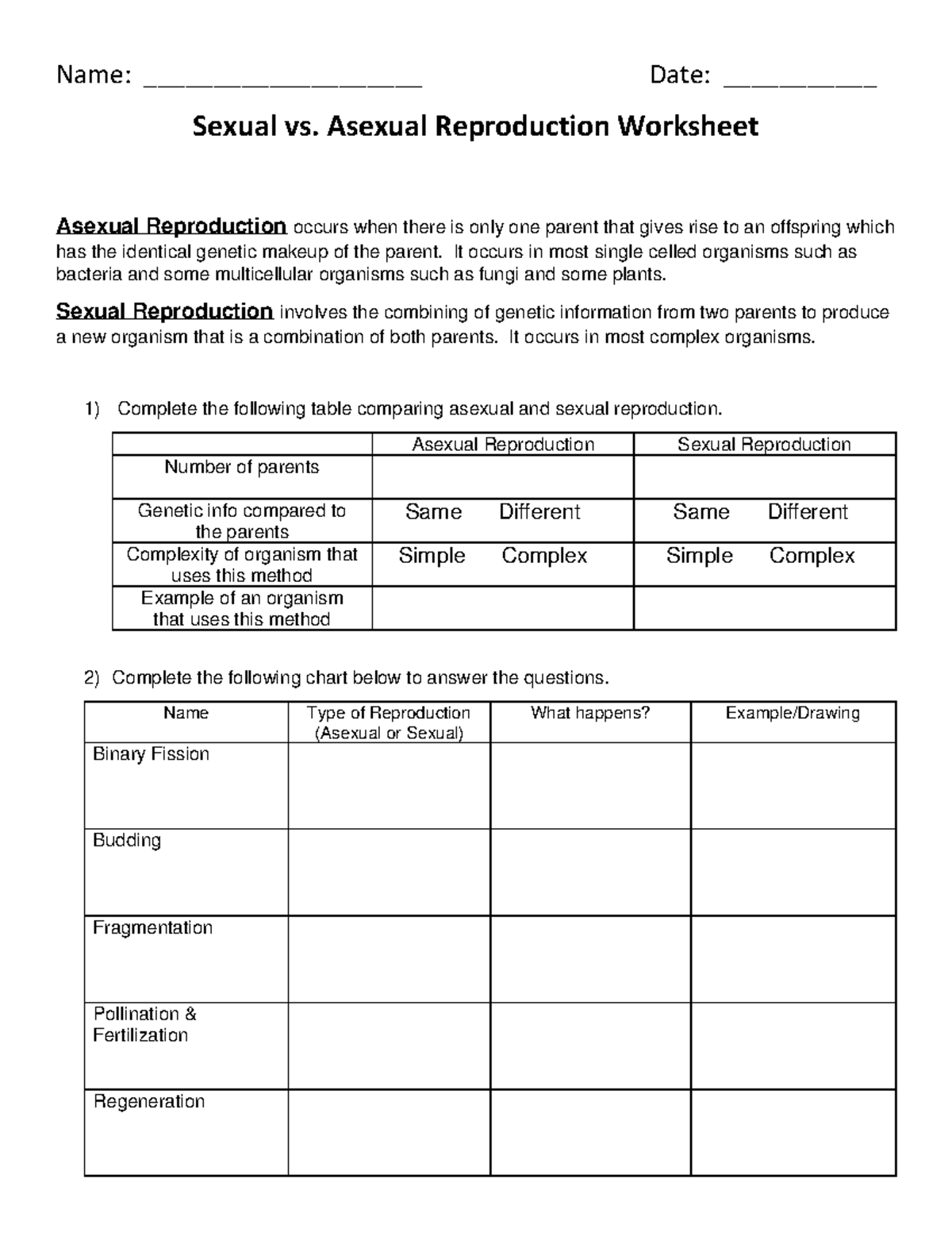 Sexual reproduction - Name: ____________________ Date ...