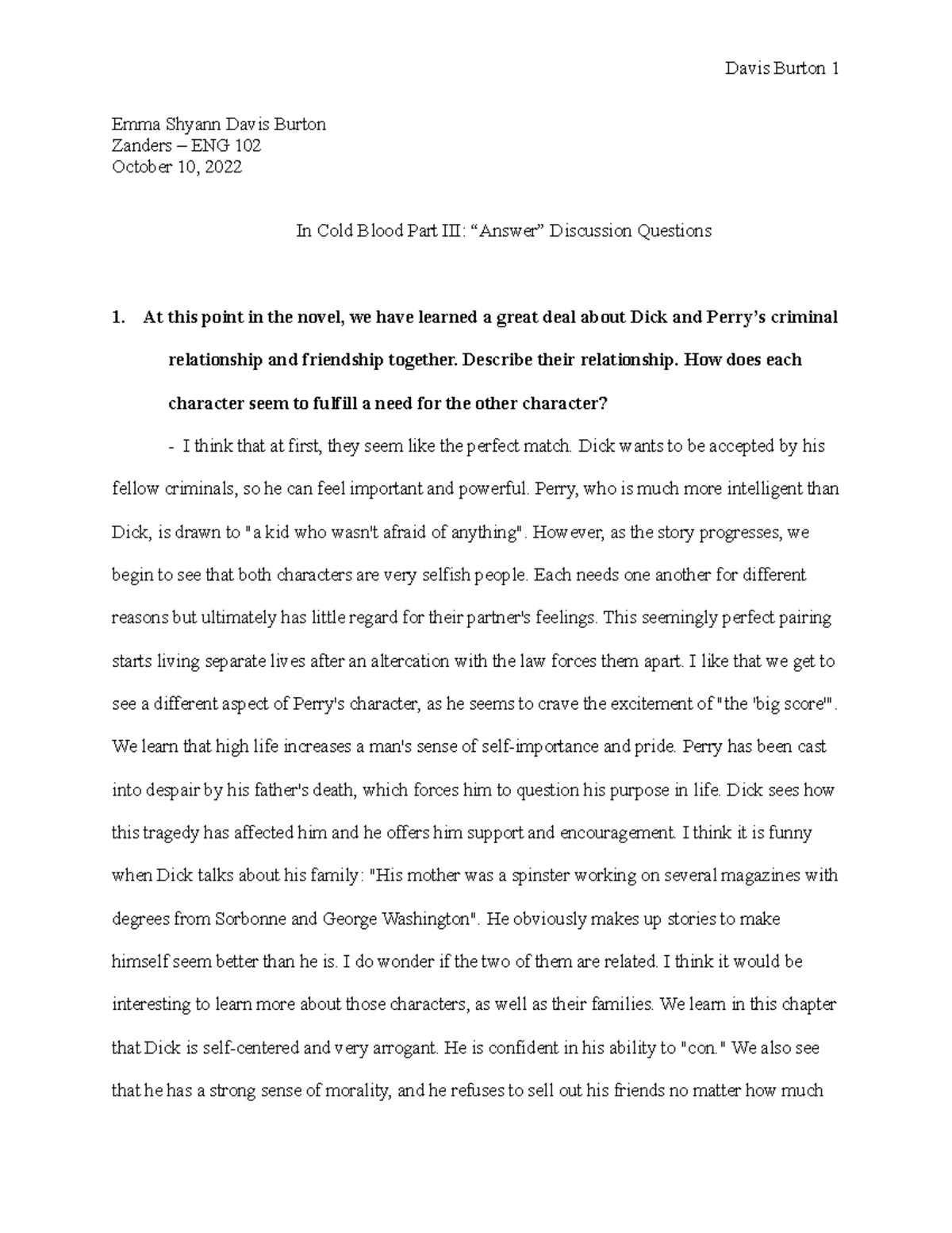 In Cold Blood Part III- “Answer” Discussion Questions ENG 102 - Davis ...