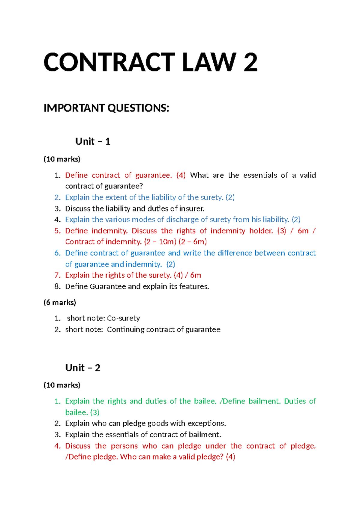Contract LAW 2 ( Important questions) 2 - CONTRACT LAW 2 IMPORTANT ...