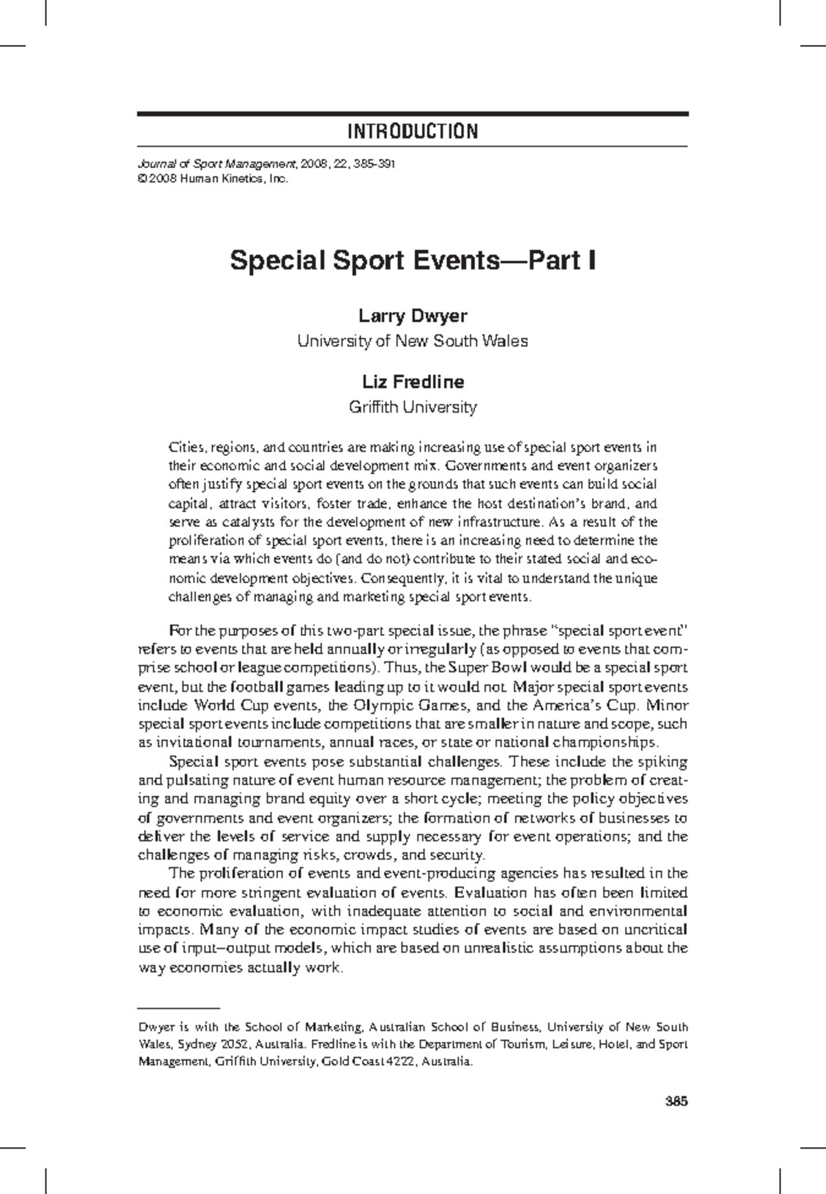 Sport event 1 - 385 introduction Journal of Sport Management, 2008, 22 ...