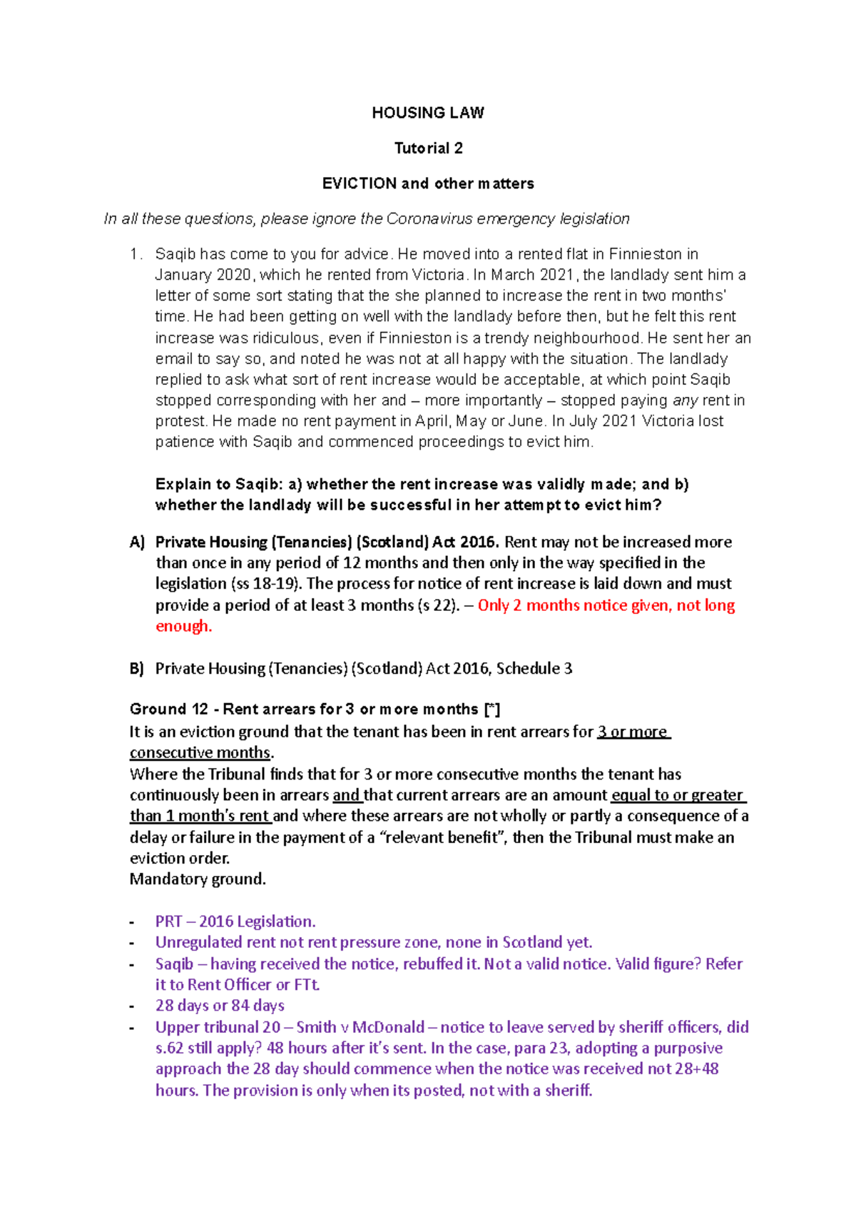 Eviction Tutorial 2 - HOUSING LAW Tutorial 2 EVICTION and other matters ...
