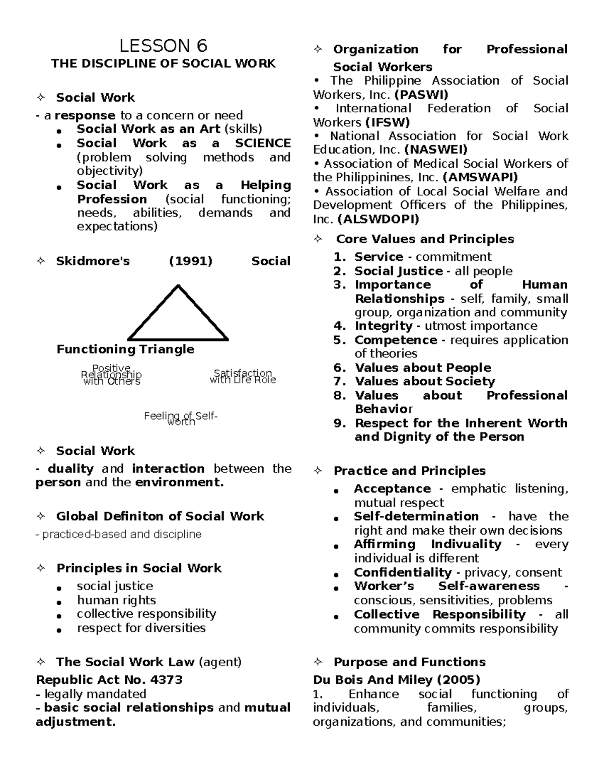 L6L7-diass-reviewer - reviewer - LESSON 6 THE DISCIPLINE OF SOCIAL WORK ...