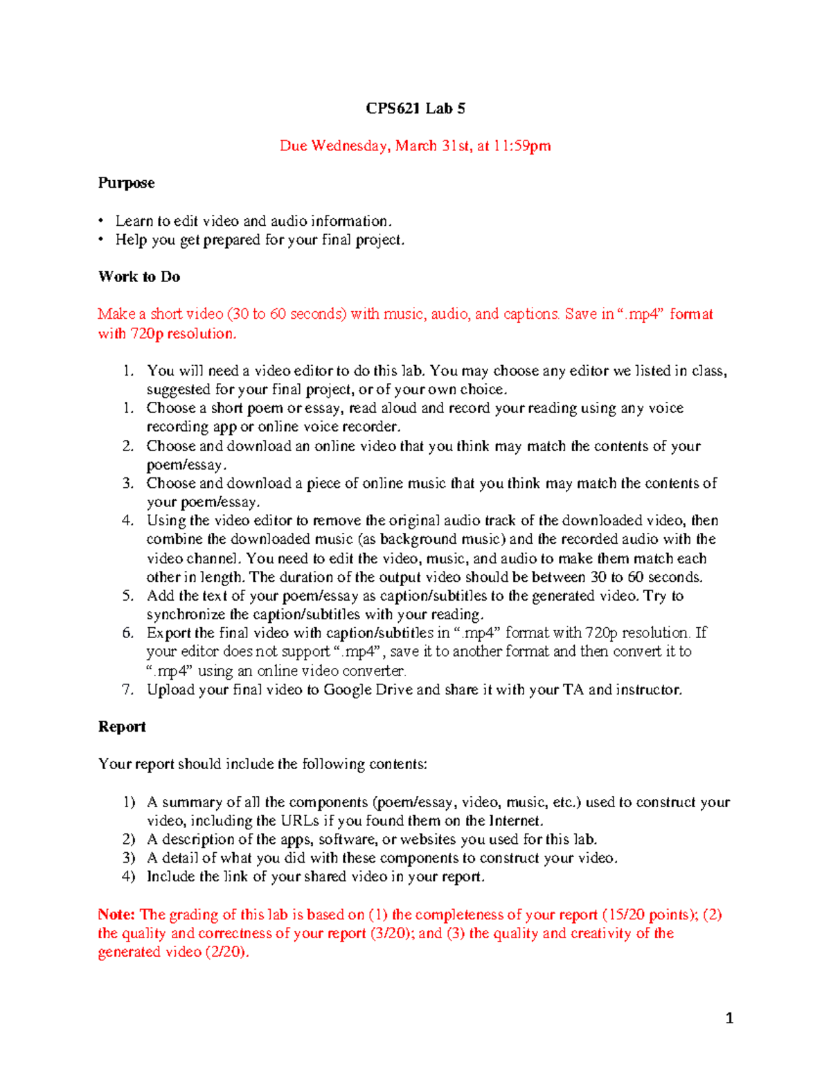 Lab5 - Summary of Lab 5 using MATLAB - 1 CPS621 Lab 5 Due Wednesday ...