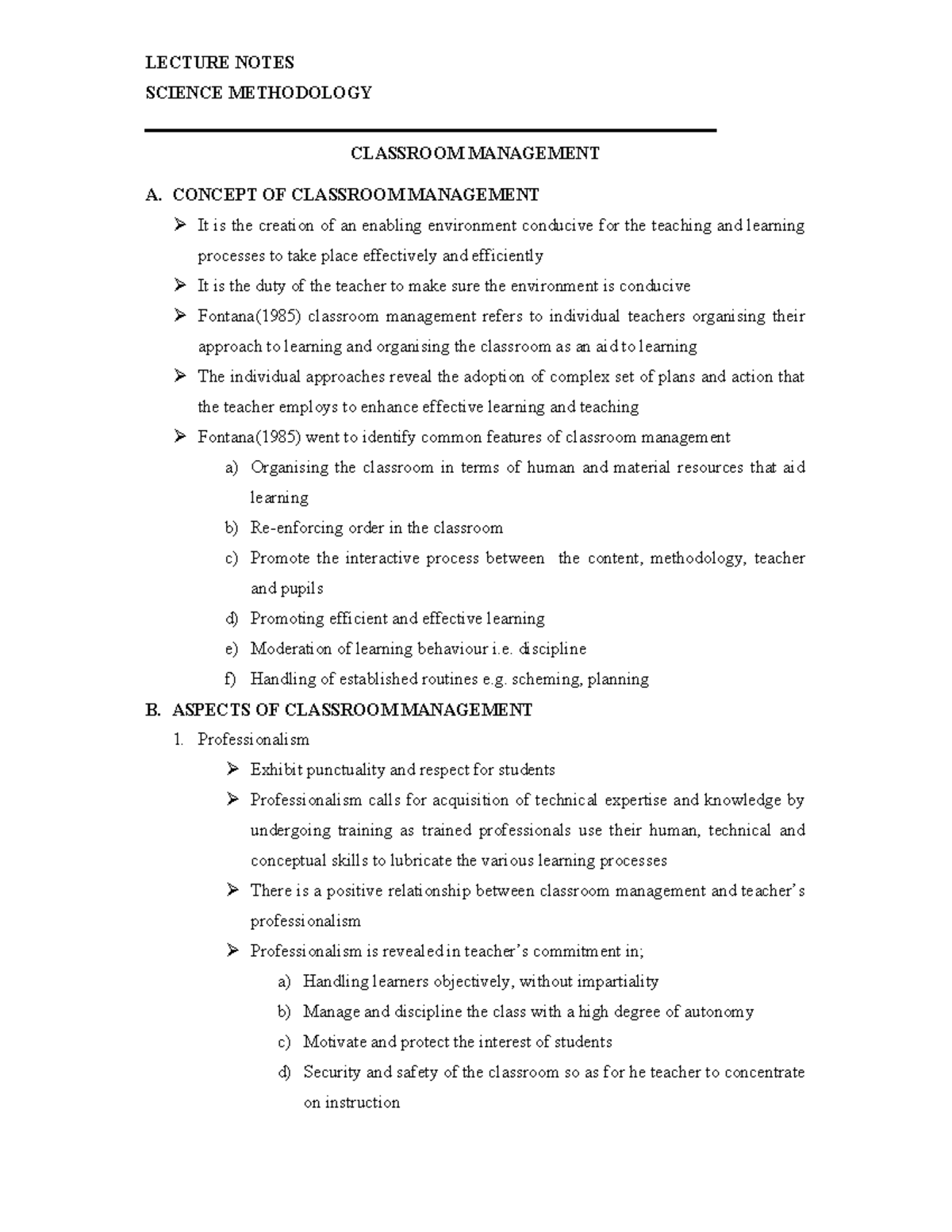 Classroom Management_Lecture Notes - LECTURE NOTES SCIENCE METHODOLOGY ...