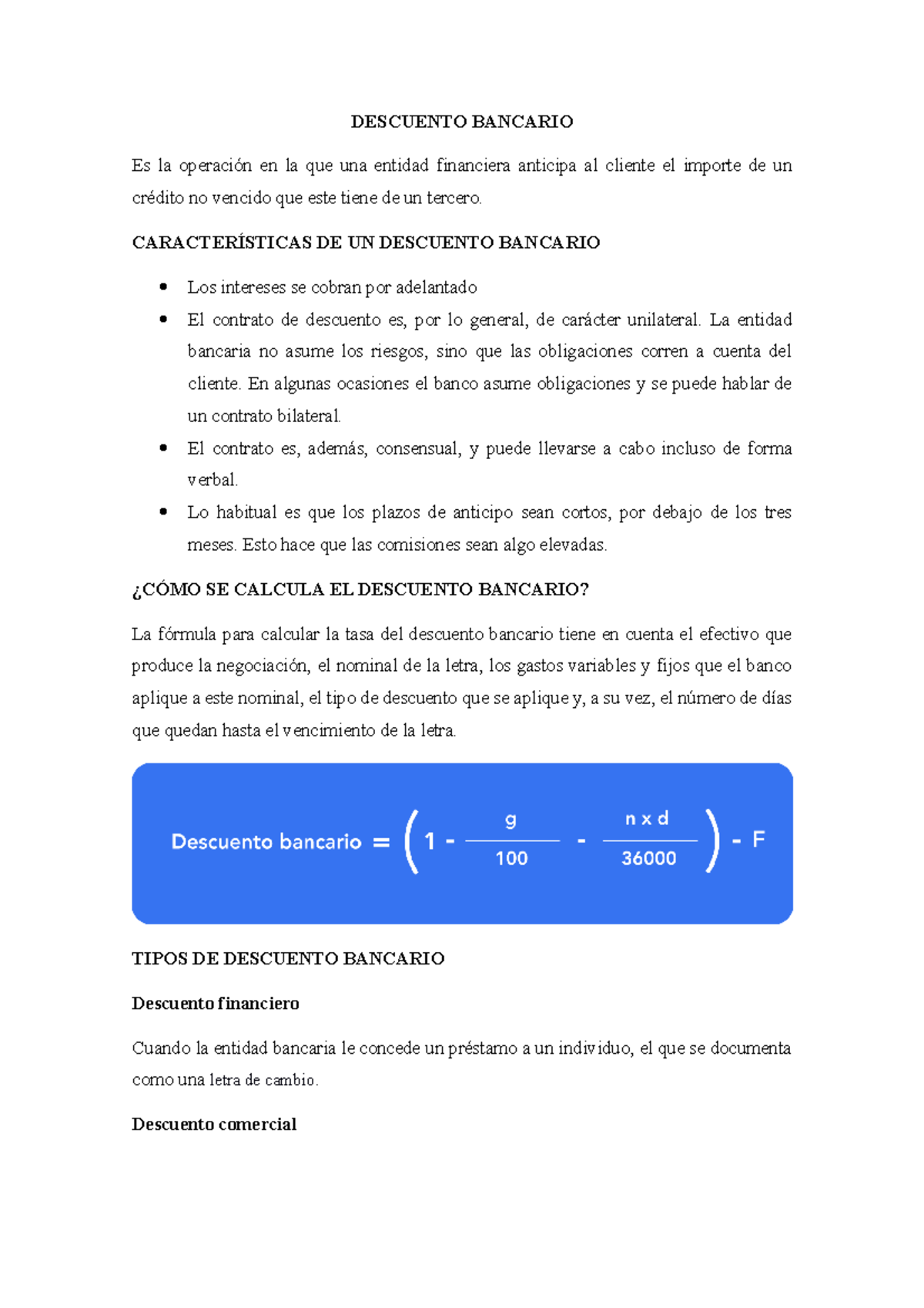 Descuento Bancario - Breve resumen del tema anteriormente visto como ...
