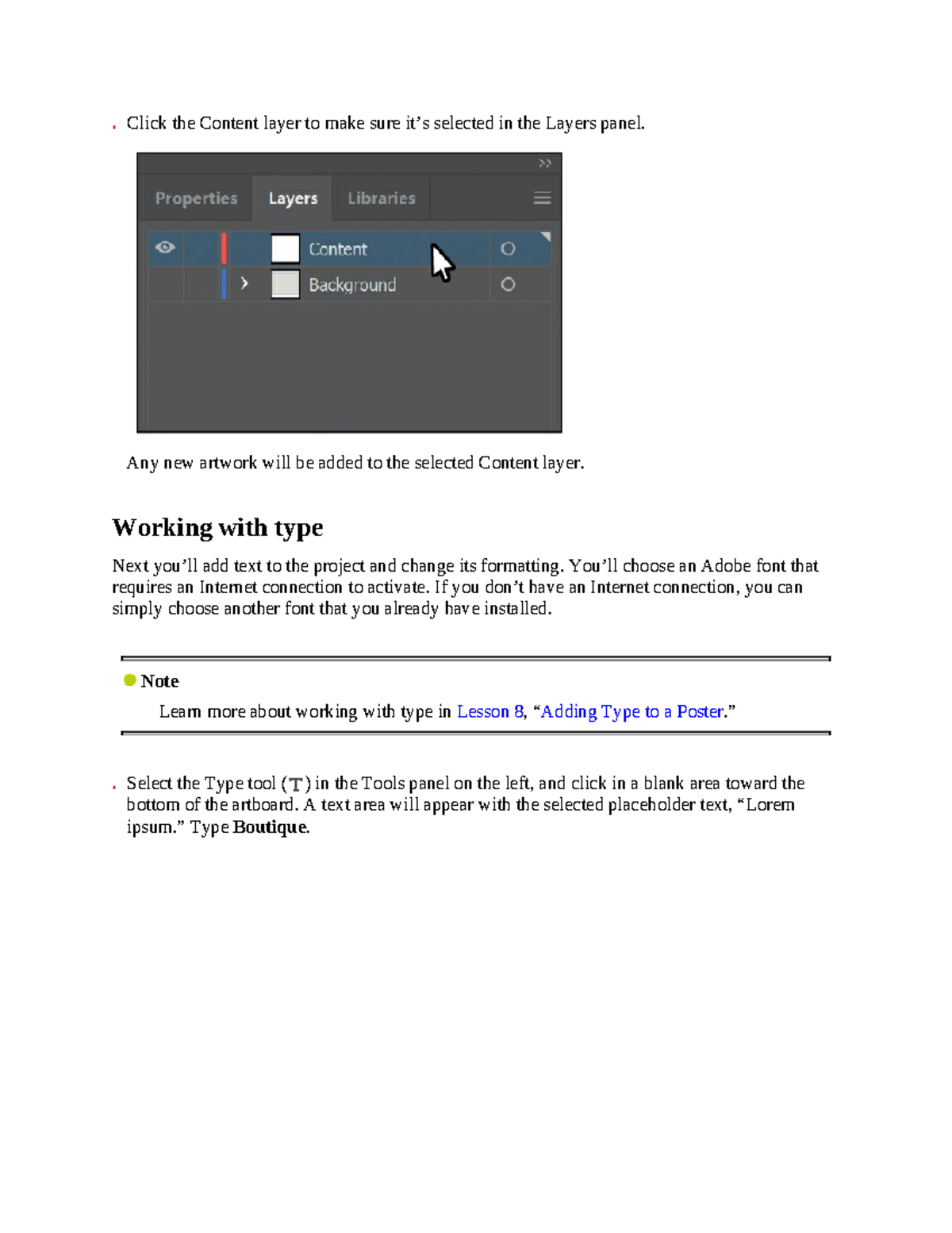 Working with type - Click the Content layer to make sure it’s selected ...