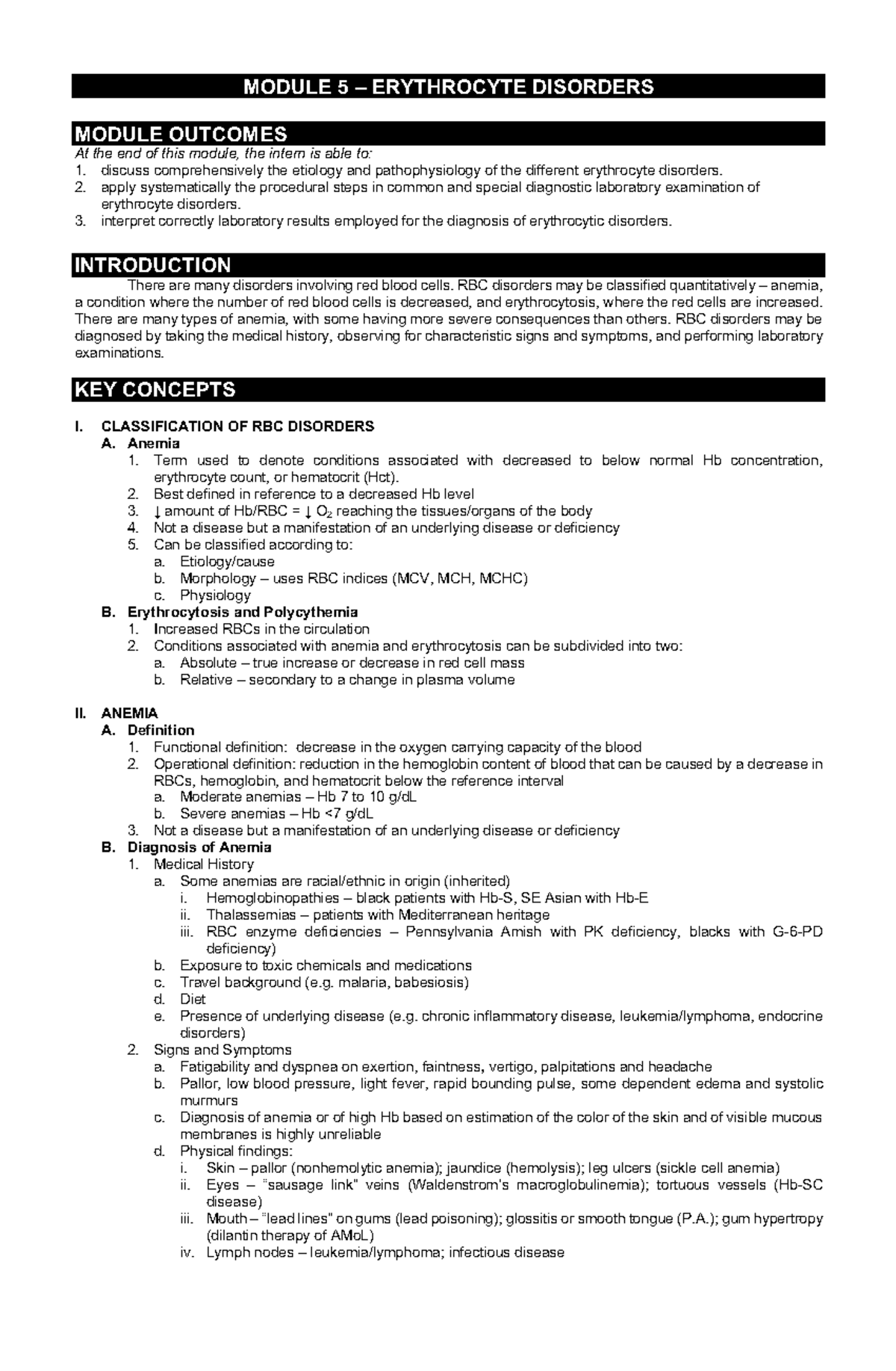 Module 5 RBC Disorders - MODULE 5 3 ERYTHROCYTE DISORDERS MODULE ...