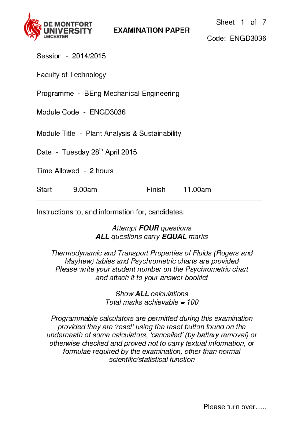 Exam 28 April 2015, questions - Sheet 1 of 7 EXAMINATION PAPER Code ...