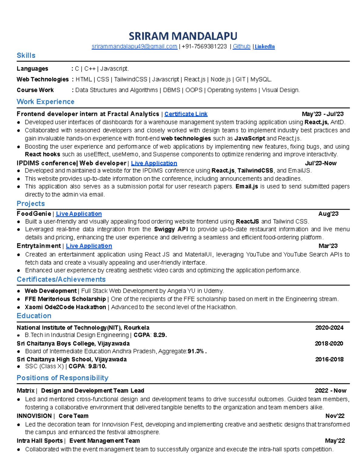Sriram Final Resume (1) - SRIRAM MANDALAPU srirammandalapu49@gmail | +91-7569381223 | Github ...