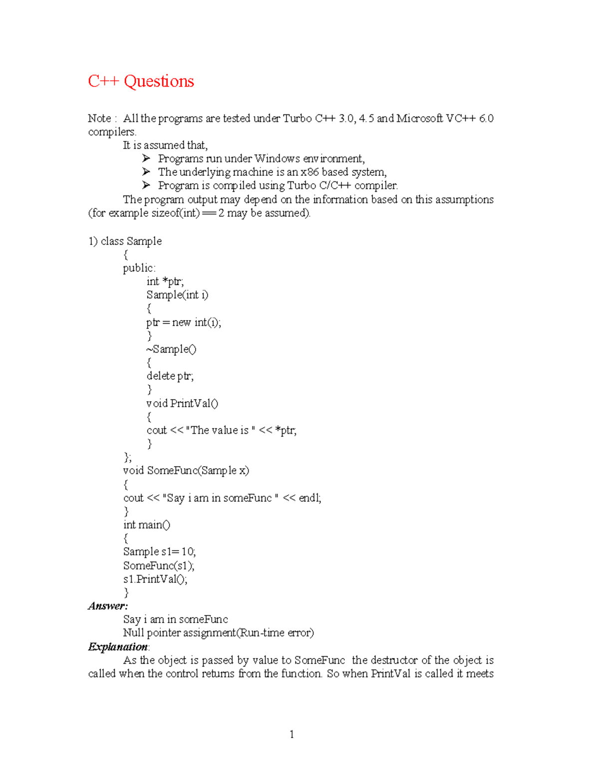 C aptitude - C++ Questions Note : All the programs are tested under ...