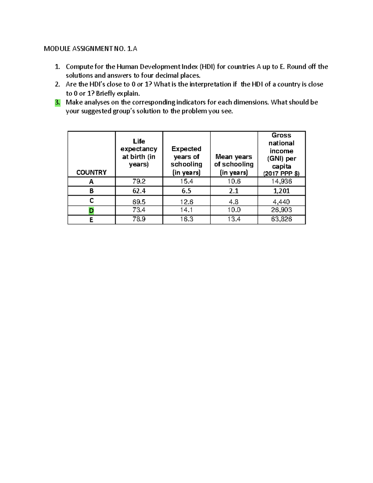Economic Development in Asia - MODULE ASSIGNMENT NO. 1 Compute for the ...