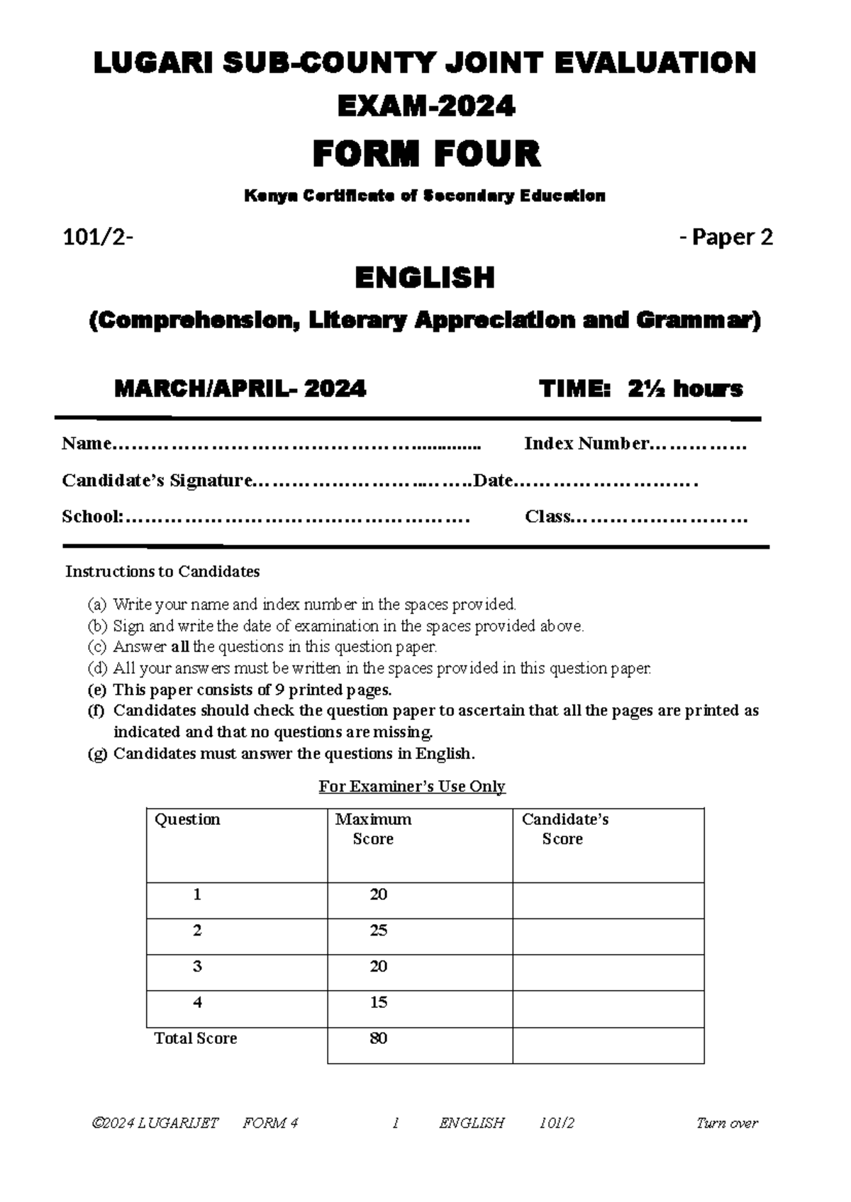 English PP 2 2024 - Take Home Assignment - LUGARI SUB-COUNTY JOINT ...