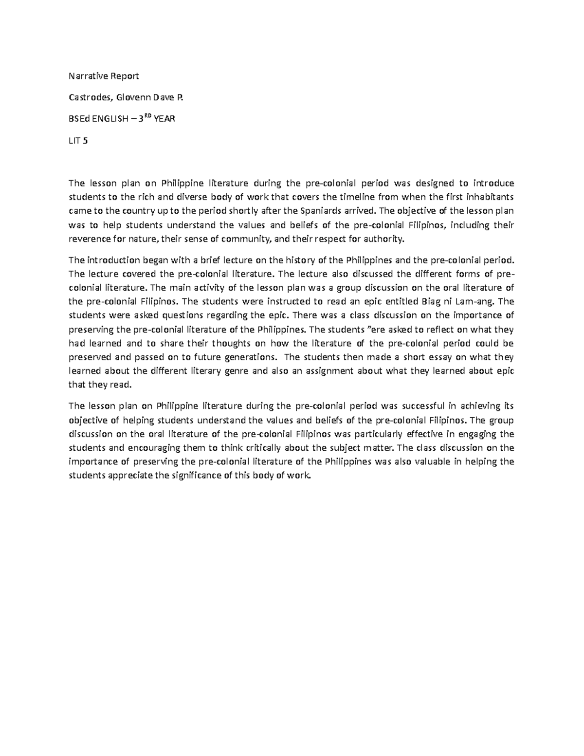 Narrative report - Narrative Report Castrodes, Glovenn Dave P. BSEd ...
