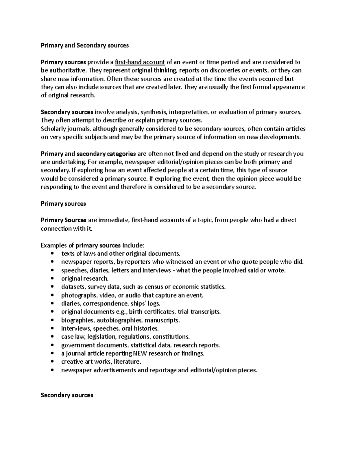 Information about Primary and Secondary Sources (Fall 2022)-1 - Primary ...