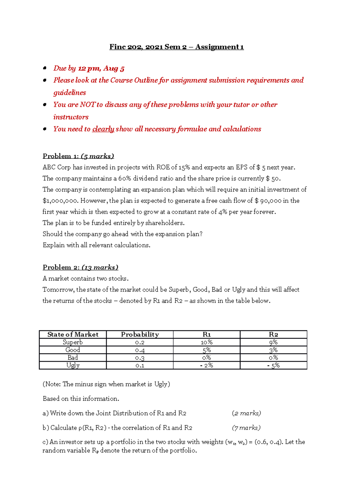 FINC 202 Assignment 1 - Finc 202, 2021 Sem 2 – Assignment 1 Due by 12 ...