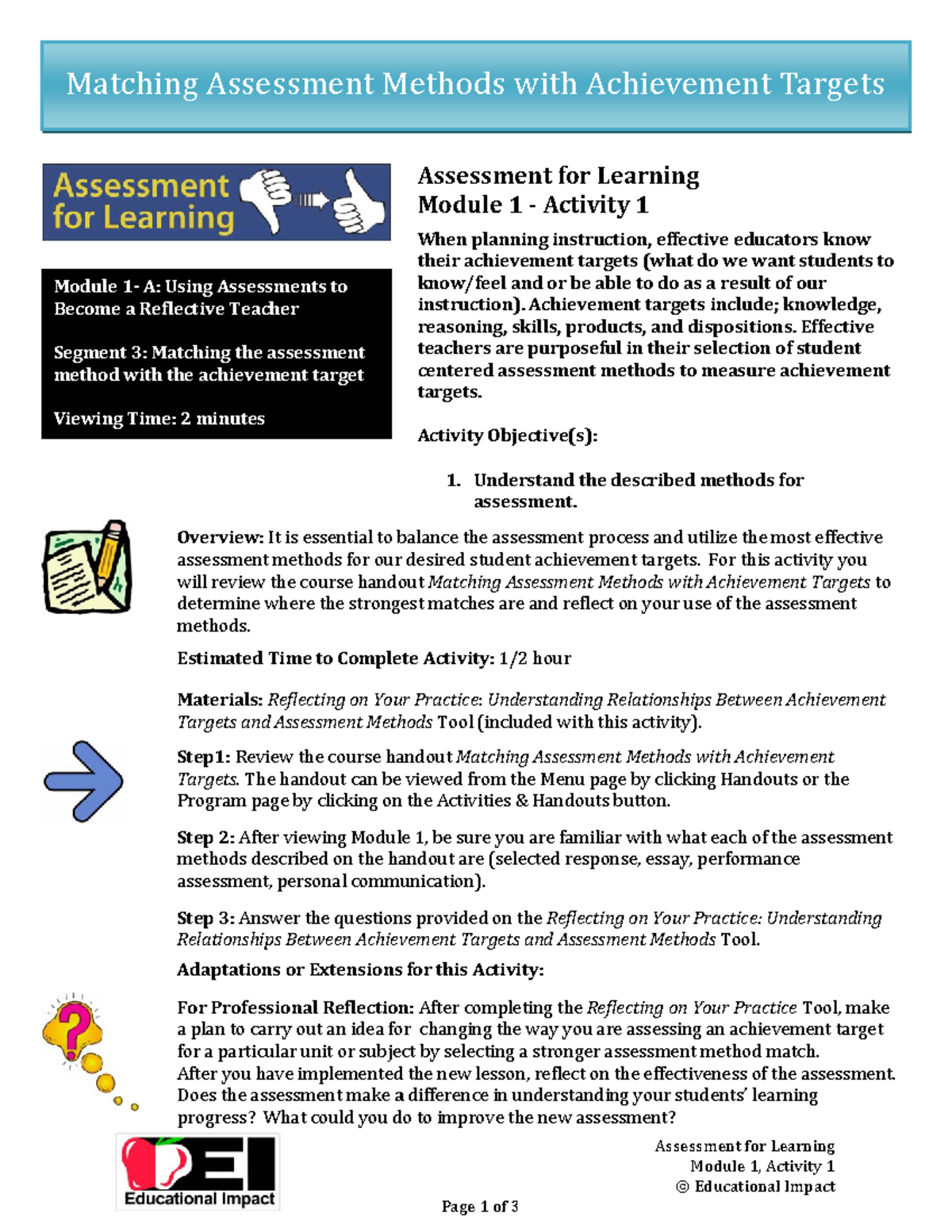 A4L 1A Activity 1 Assessment Matrix - Assessment for Learning Module 1 ...