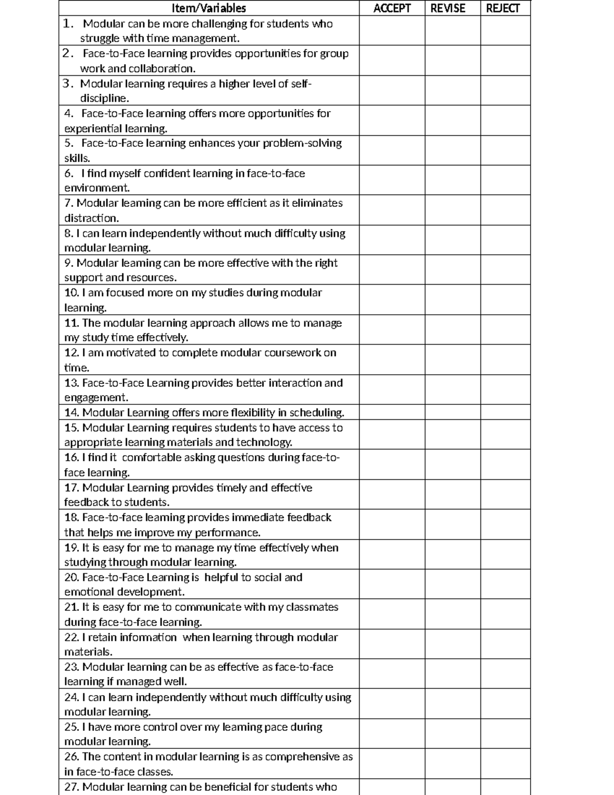 Johnrexandfriendsvalidation-2 - Item/Variables ACCEPT REVISE REJECT ...