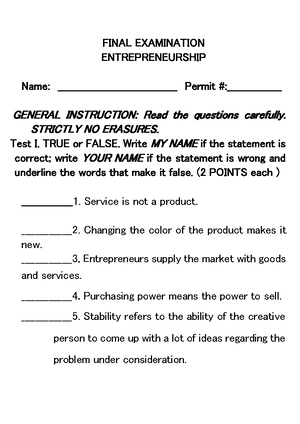 Examination 2 in Entrep - MIDTERM EXAMINATION ENTREPRENEURSHIP Name