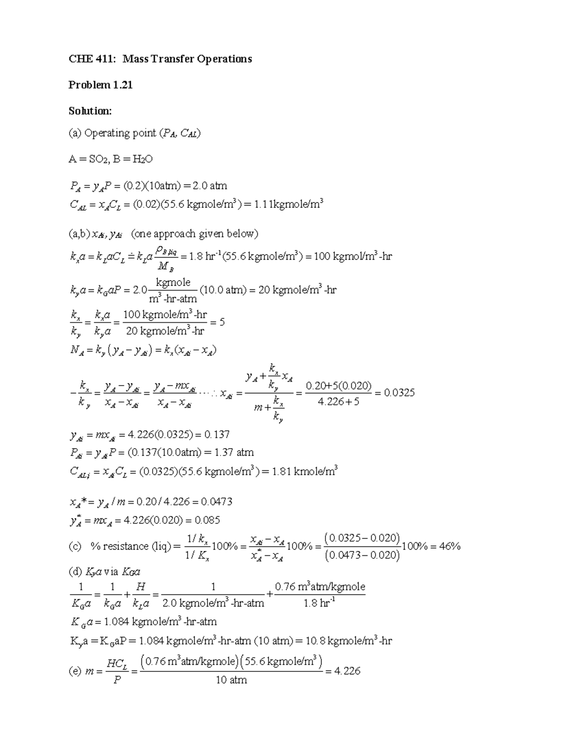 Prob 1.21 chapter 1 - CHE 411: Mass Transfer Operations Problem 1 ...