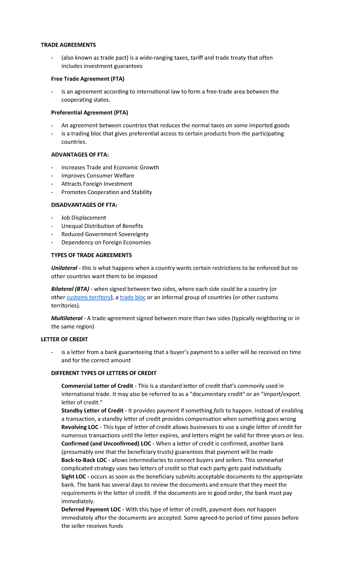 Trade- Agreements - Preferential Agreement (PTA) An agreement between ...