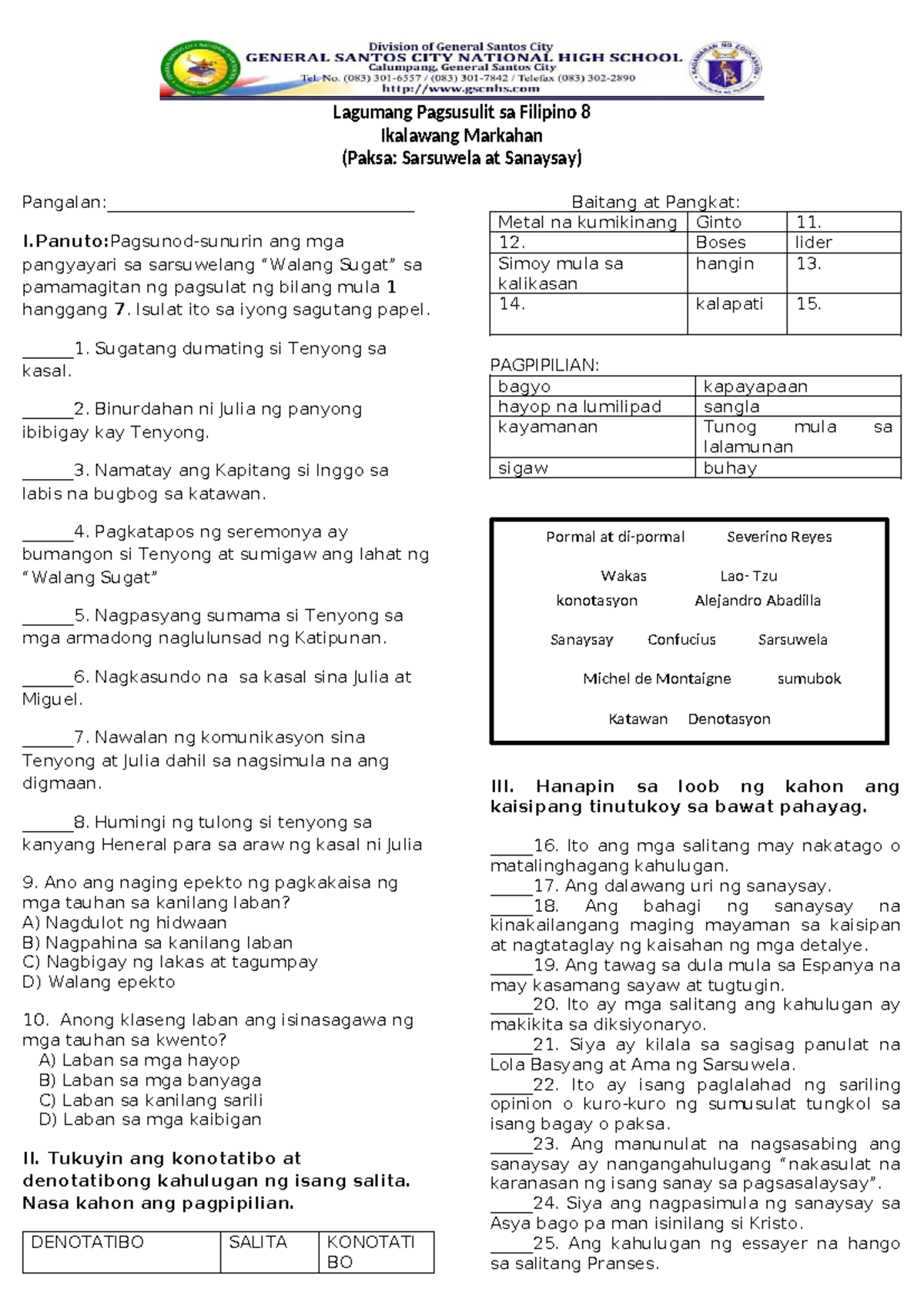 Q2-Summative-Sarsuwela-at-Sanaysay - Lagumang Pagsusulit sa Filipino 8 ...