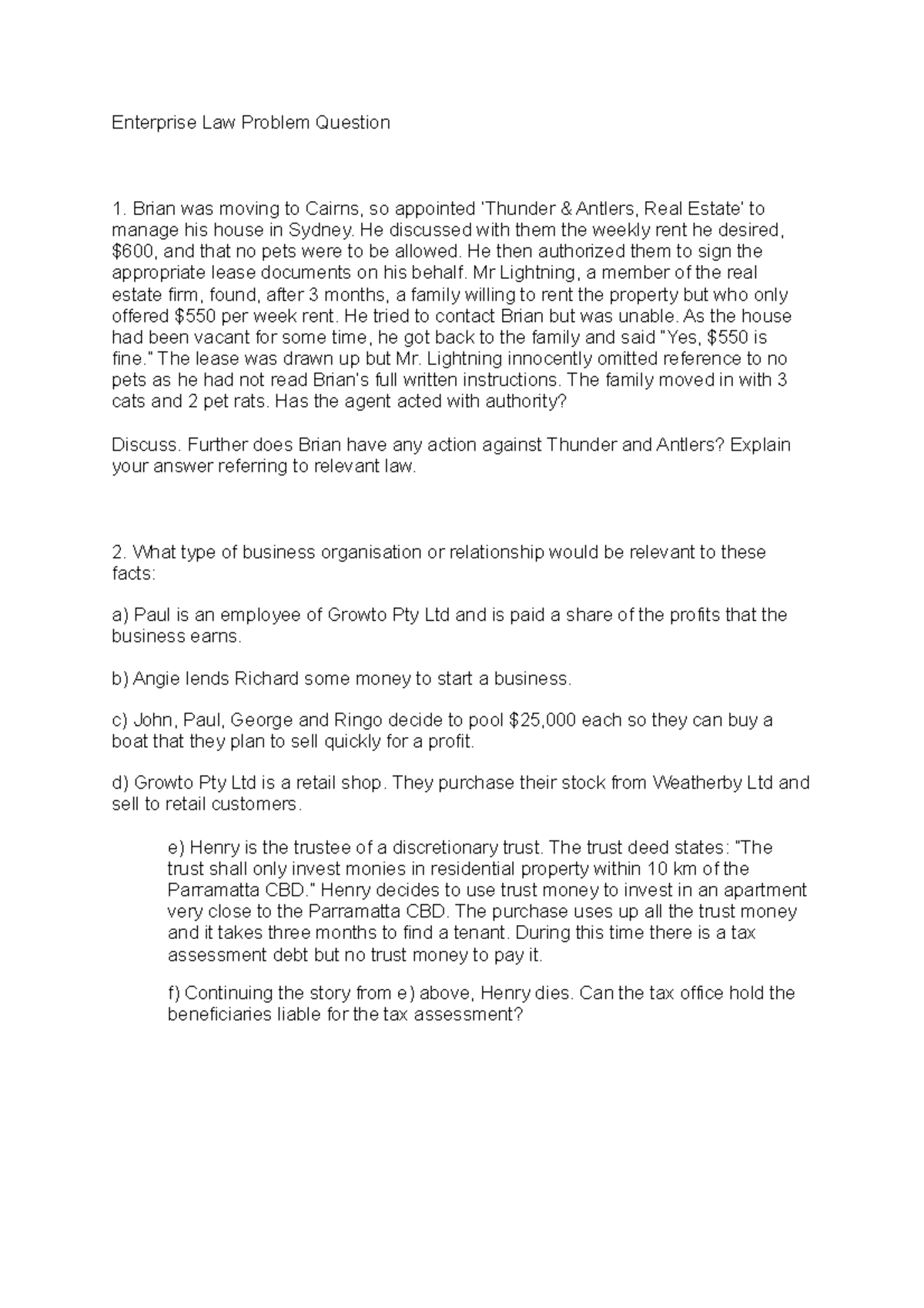 Enterprise Law Problem Question - Enterprise Law Problem Question Brian ...