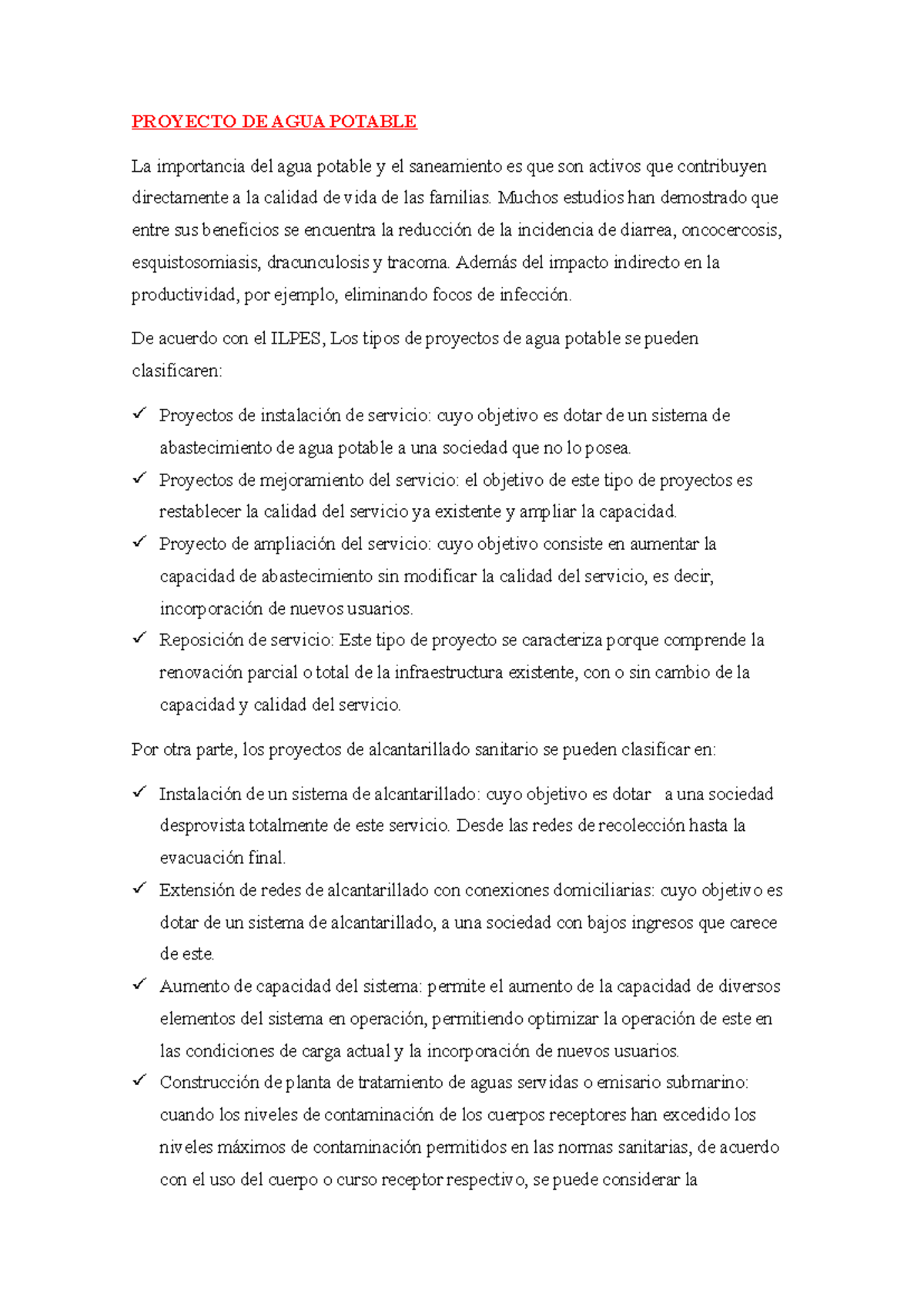 Proyecto DE AGUA Potable - PROYECTO DE AGUA POTABLE La importancia del agua potable y el ...