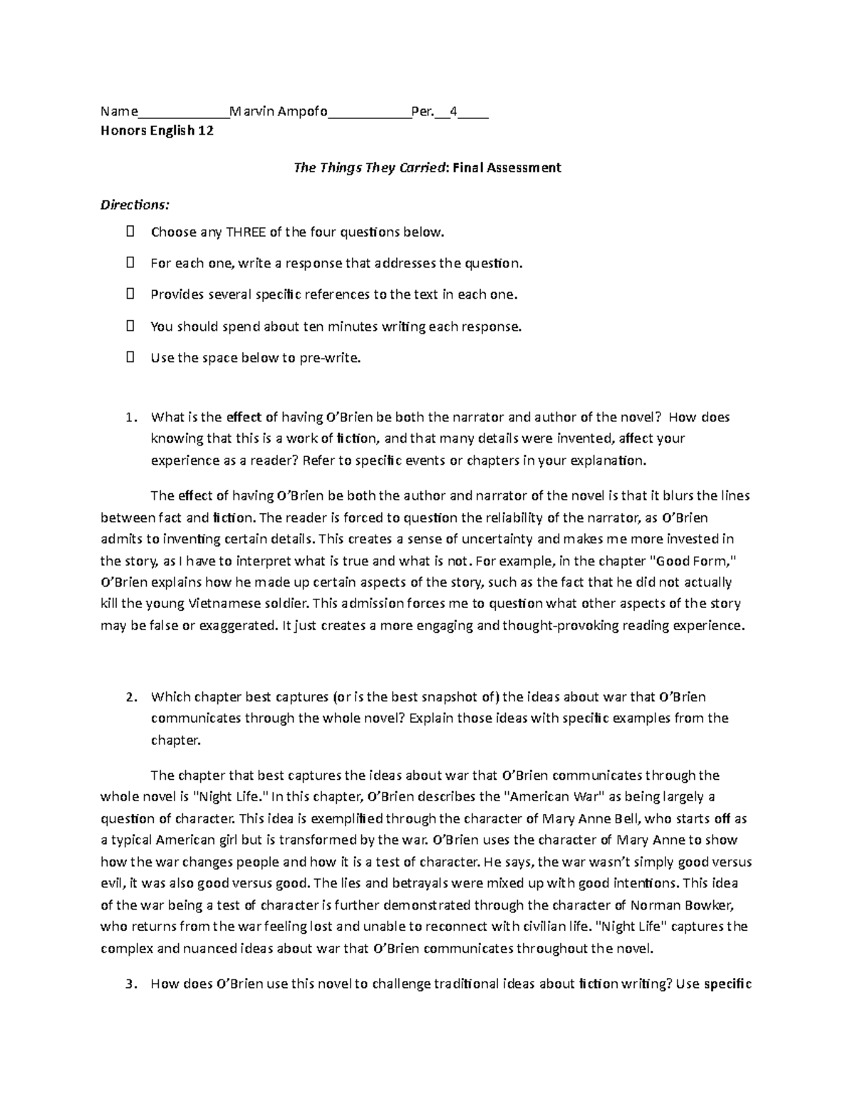 TTTC Written Response Novel Test - Name____________Marvin Ampofo ...