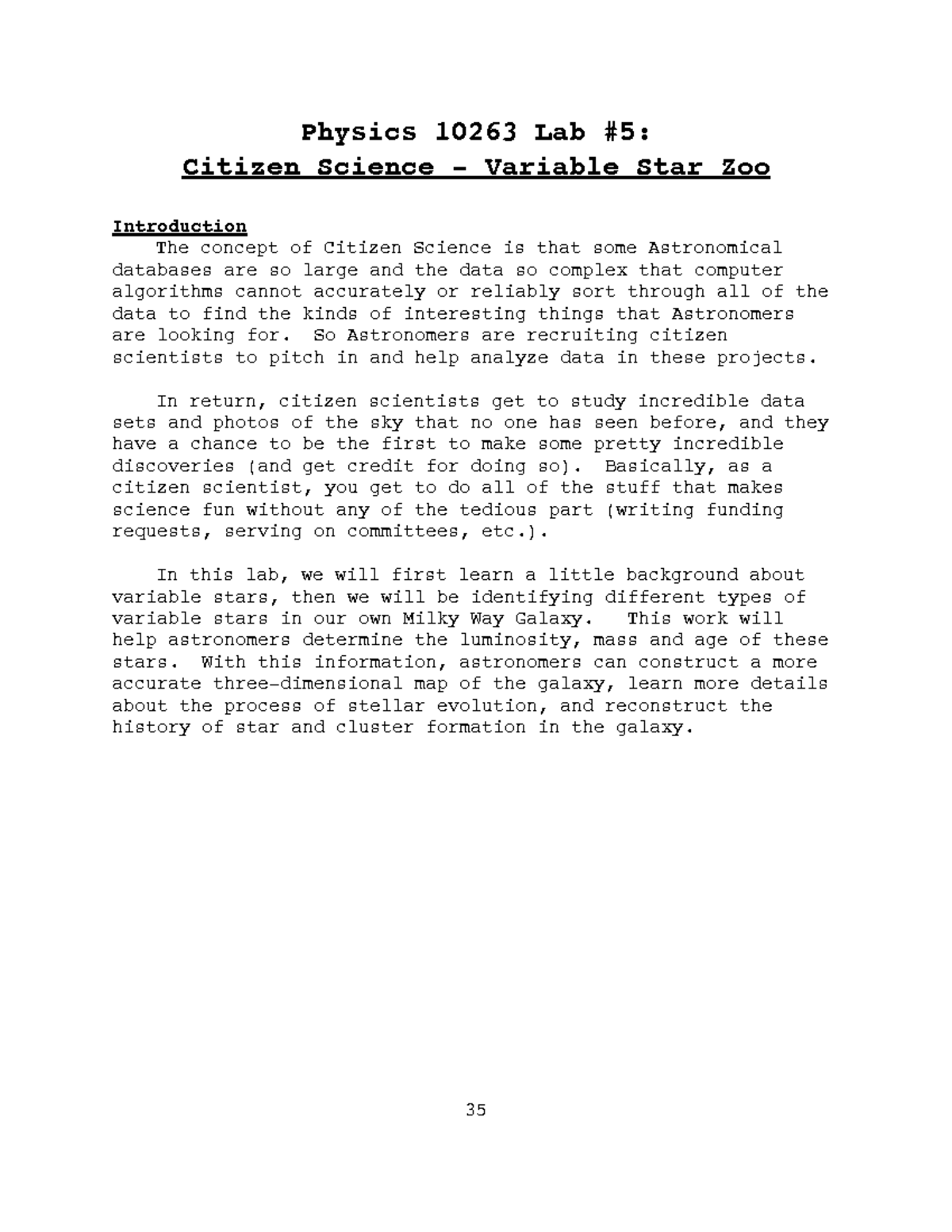 Lab #5 for Cosmic Origins - Physics 10263 Lab #5: Citizen Science ...