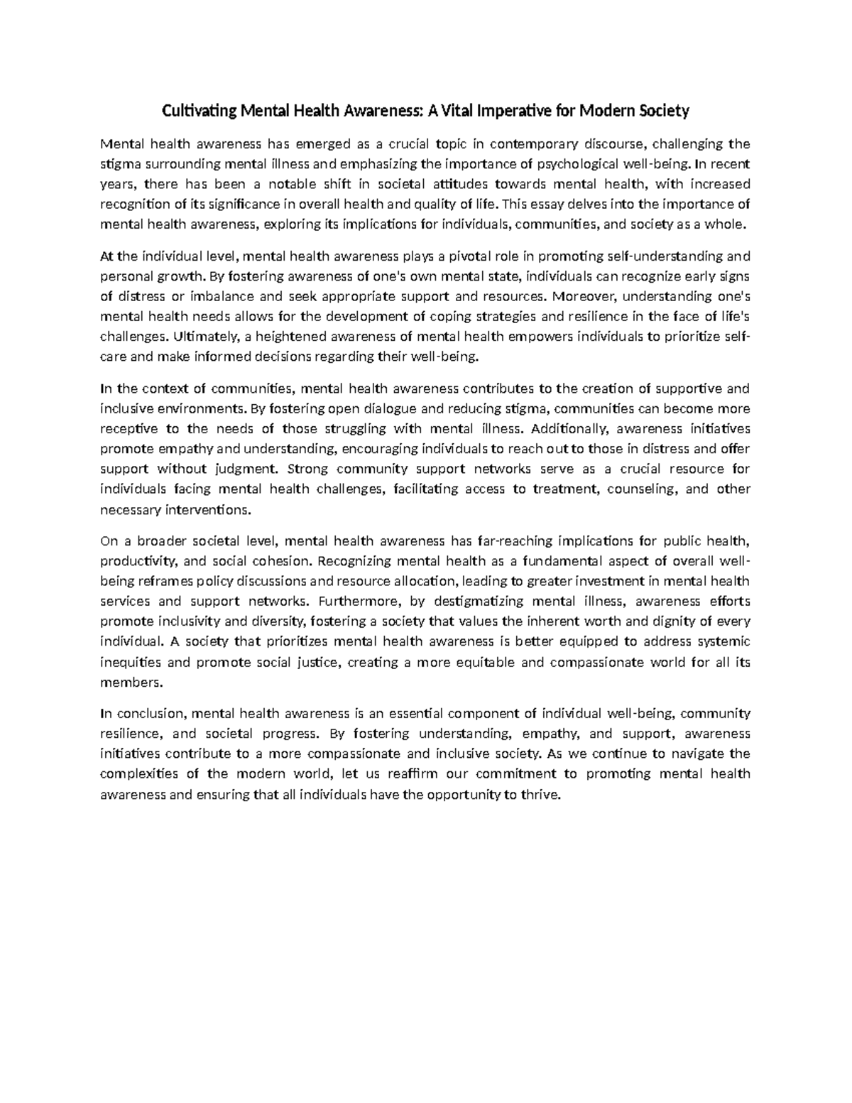 Essay about Mental Health - Cultivating Mental Health Awareness: A ...