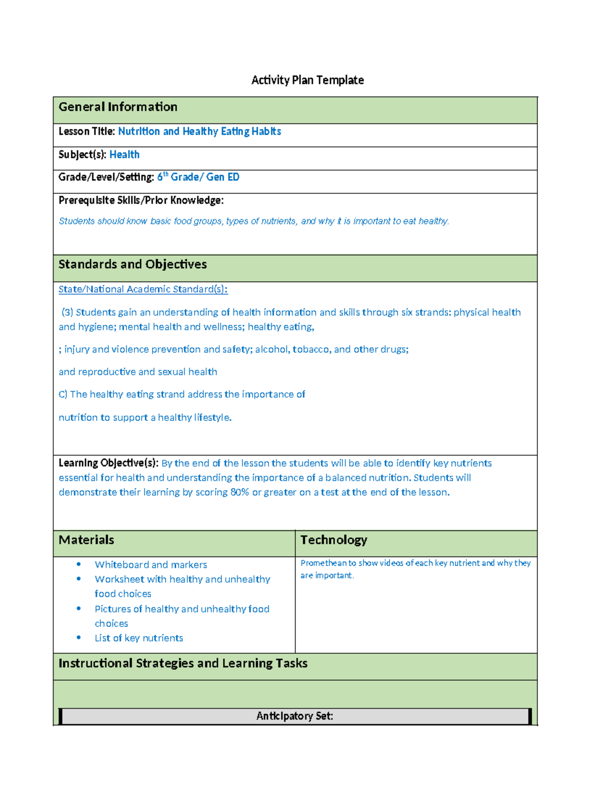 Health Lesson Plan revised (5.23) - Activity Plan Template General ...