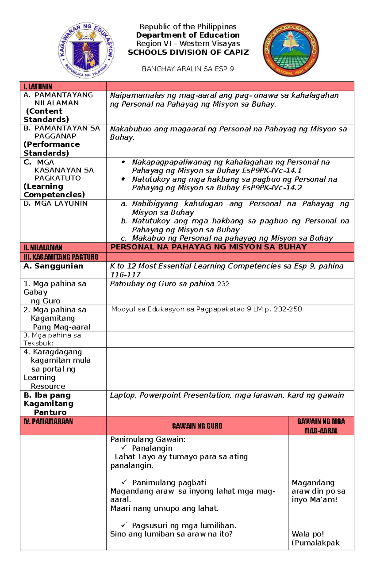 COT Lesson PLAN SA ESP 9 - Republic of the Philippines Department of ...