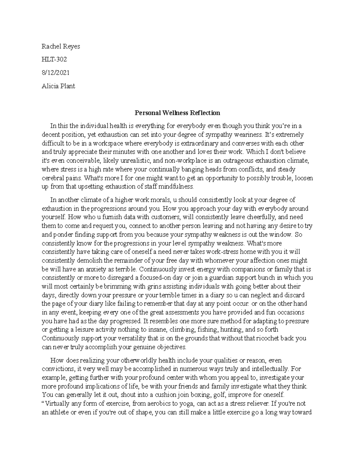 Personal Wellness Reflection 2021 - Rachel Reyes HLT- 8/12/ Alicia ...
