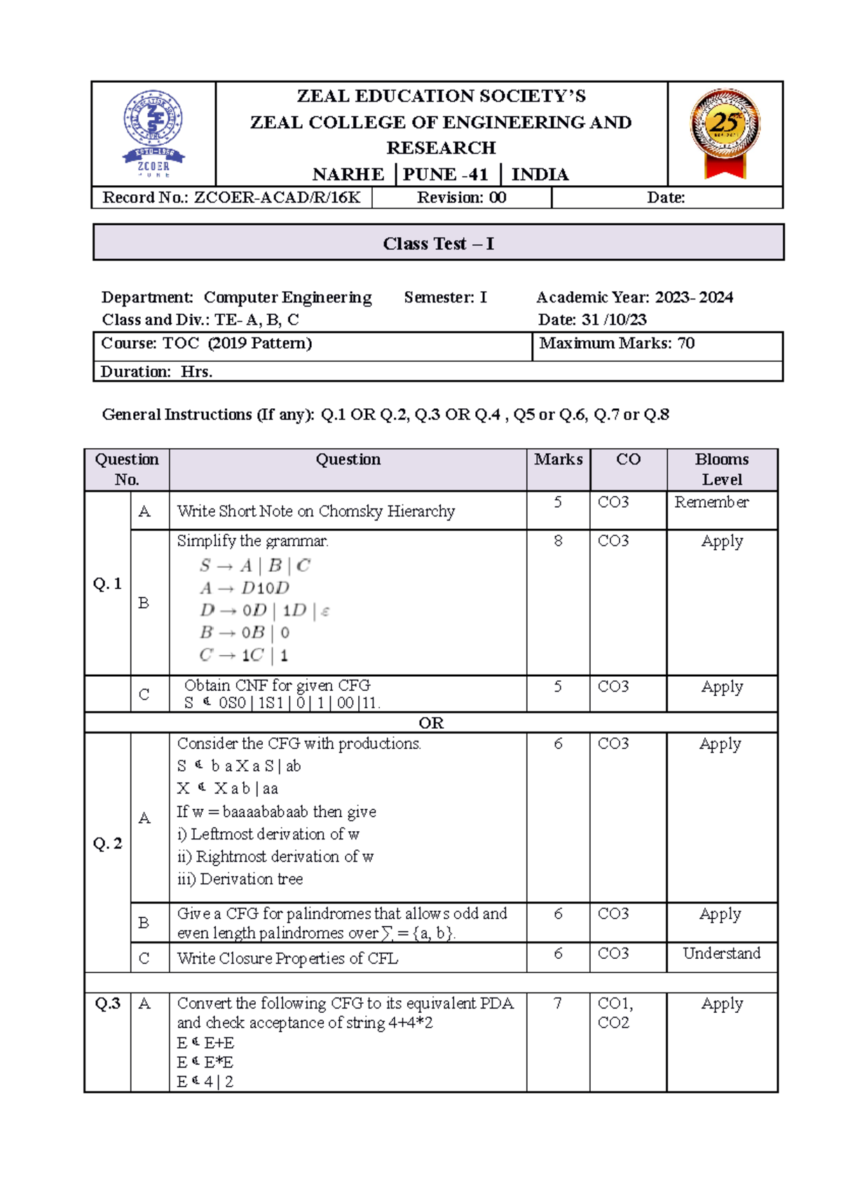TOC Unit Test 2 - Toc test - ZEAL EDUCATION SOCIETY’S ZEAL COLLEGE OF ...