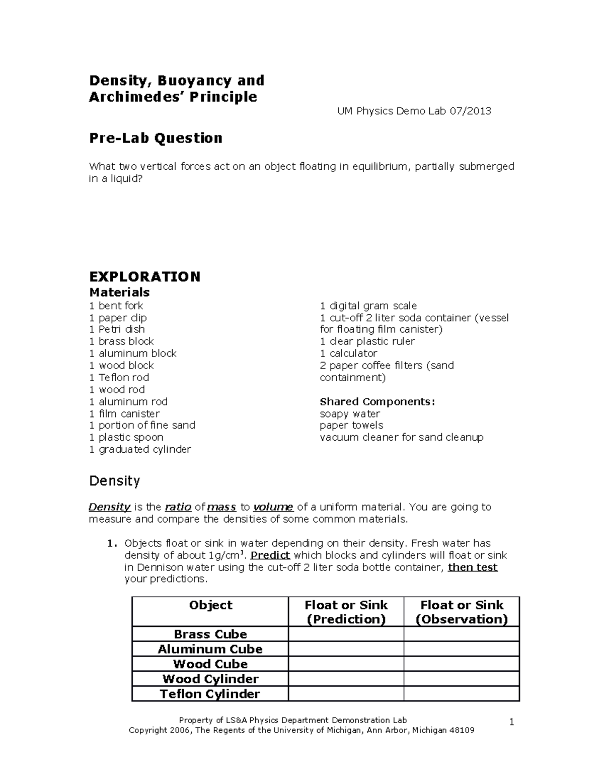 Density and Buoyancy - Student Worksheet - Density, Buoyancy and ...