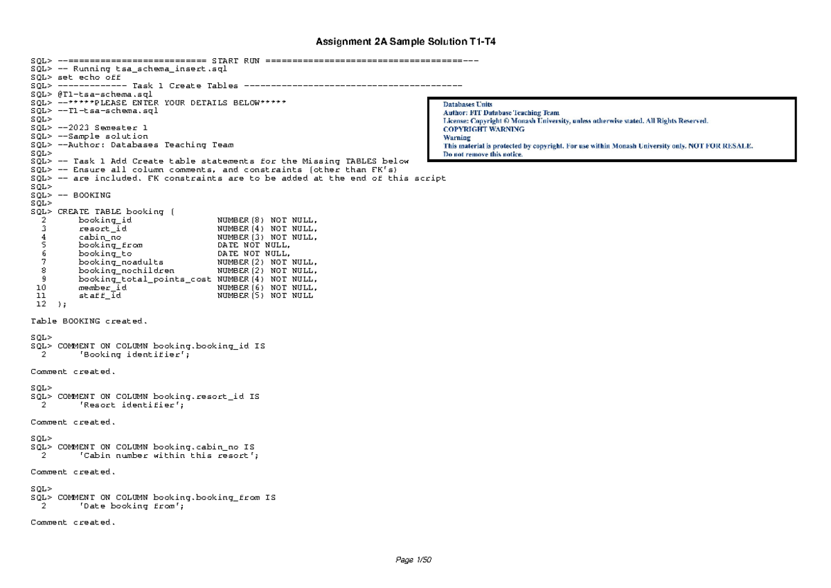 Fit2094 Ass2A samplesoln - SQL> -========================== START RUN ...
