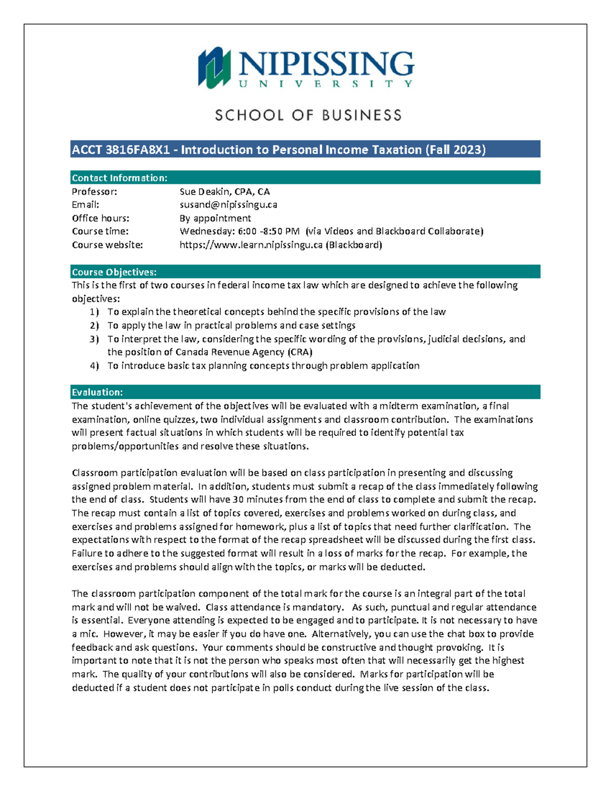 ACCT 3816 Course Outline fall 2023 - ACCT 3816FA8X1 - Introduction to ...