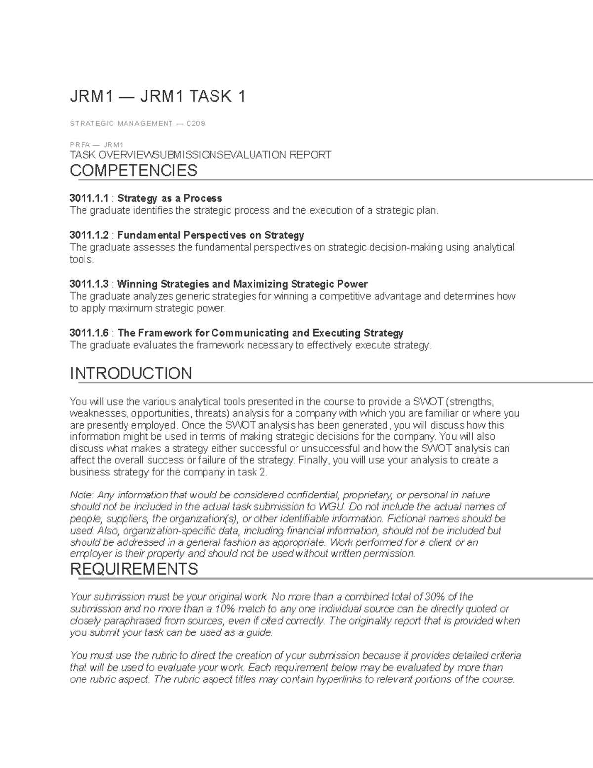 C209 Task 1 - task 1 - JRM1 — JRM1 TASK 1 STRATEGIC MANAGEMENT — C PRFA ...